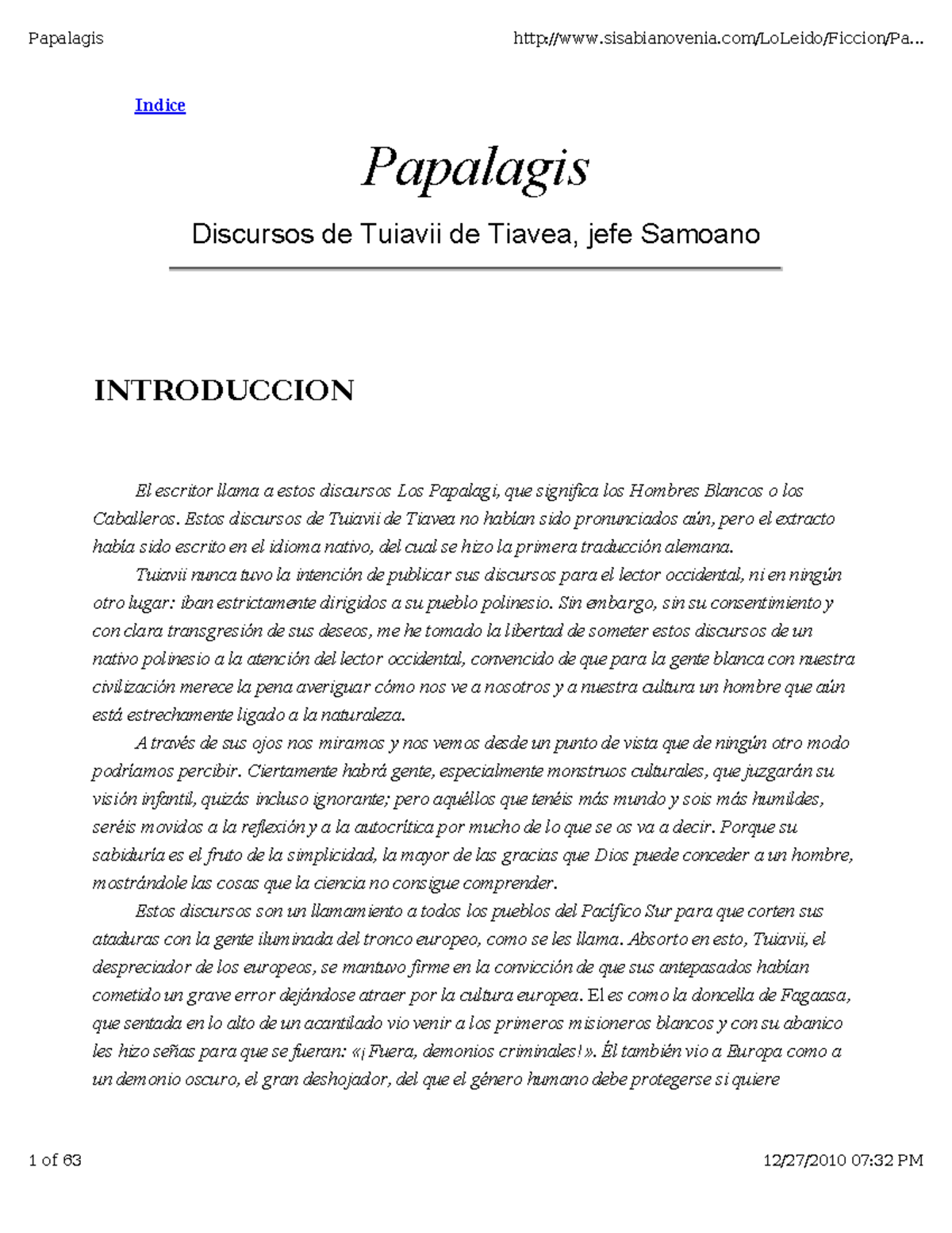 "los papalagis" - Indice Papalagis Discursos de Tuiavii de Tiavea, jefe ...