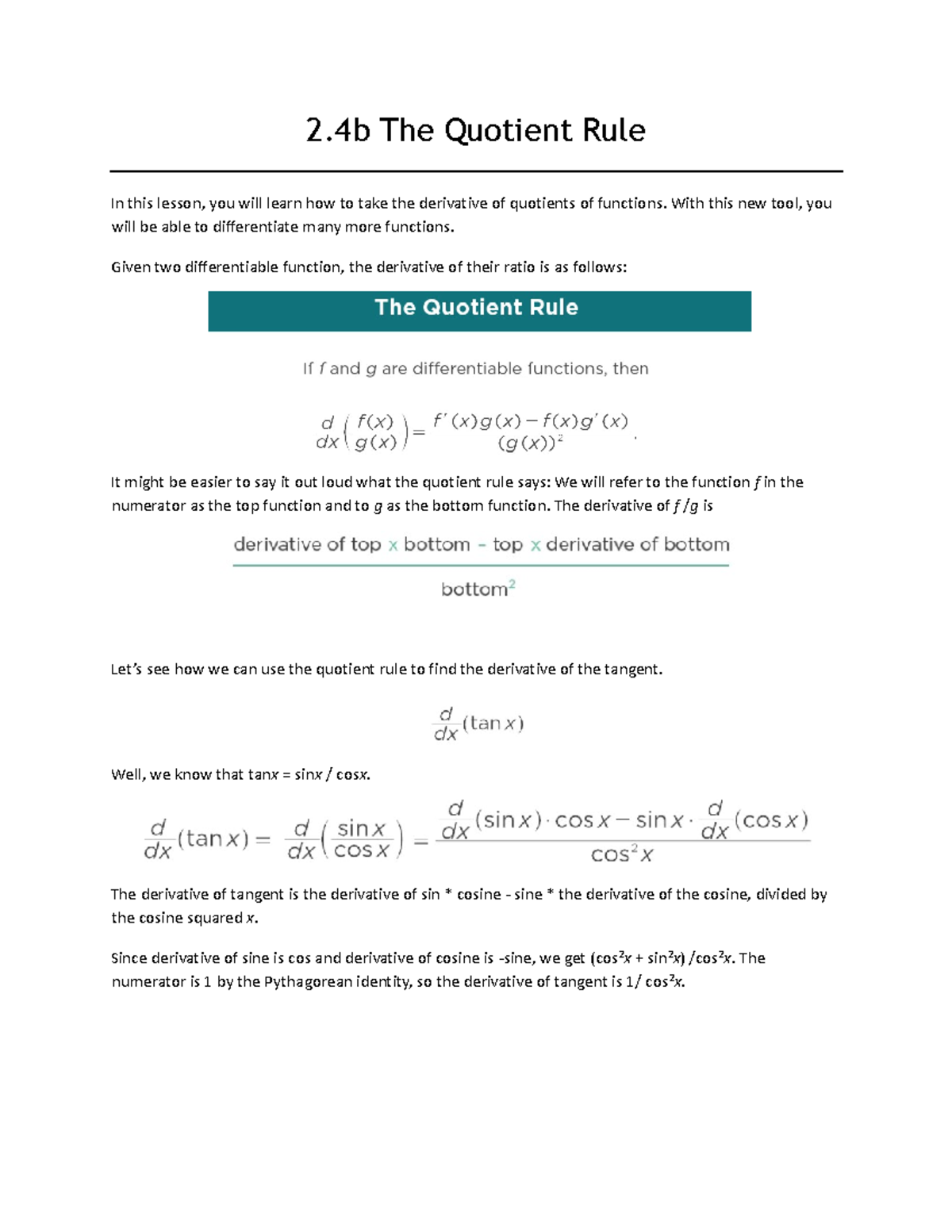 2.4b The Quotient Rule - lecture notes - 2 The Quotient Rule In this ...