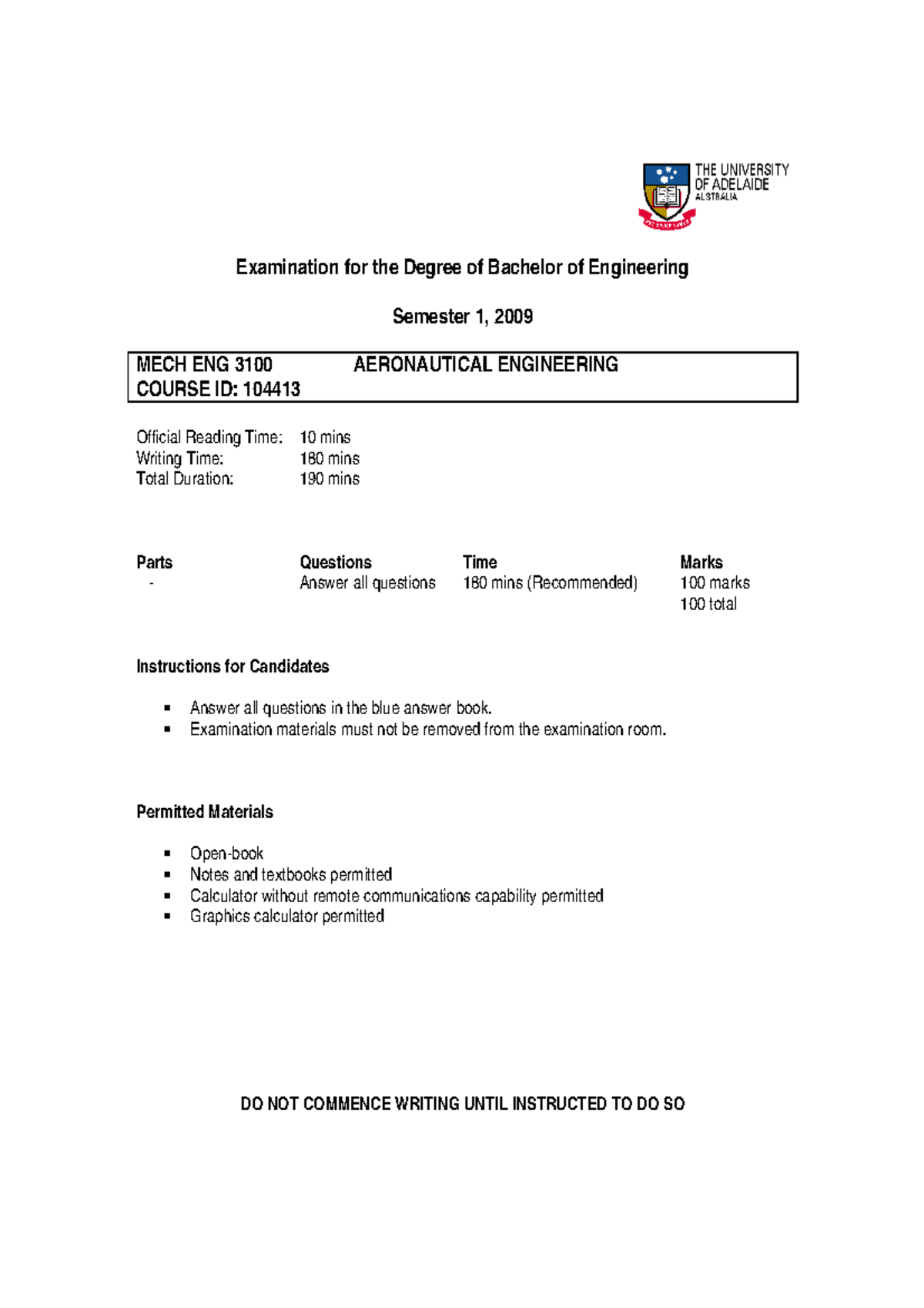 Exam 2009, questions - Examination for the Degree of Bachelor of ...