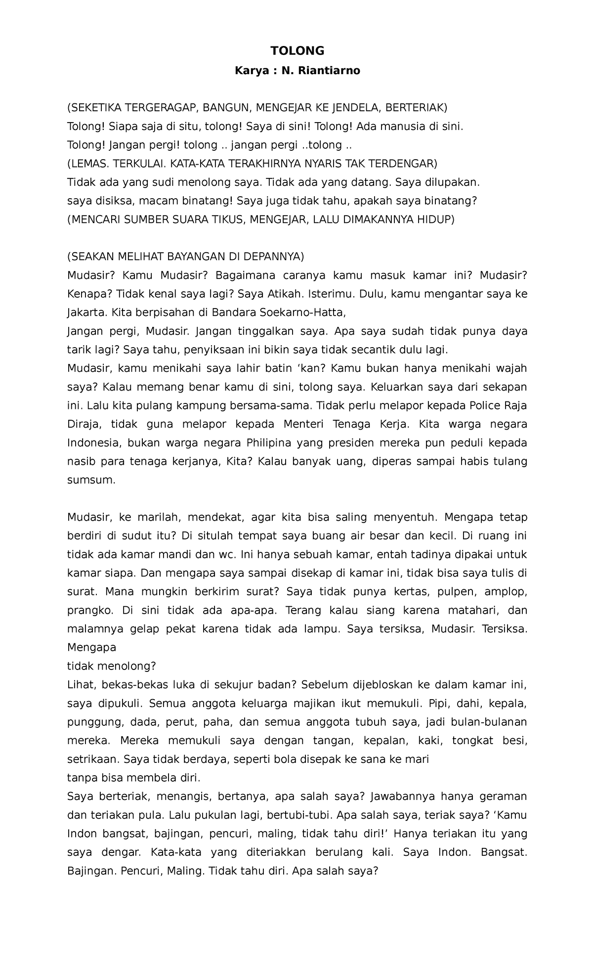 Monolog - Tolong (N. Riantiarno) - TOLONG Karya : N. Riantiarno ...