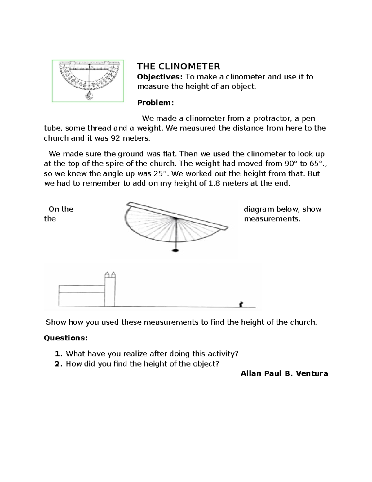 Lesson 1 activity 6 - THE CLINOMETER Objectives: To make a clinometer ...