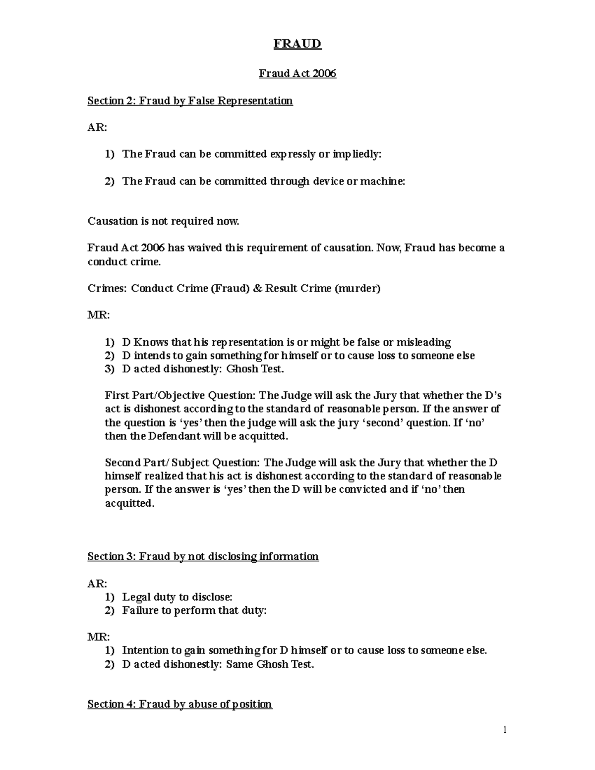 Fraud and making off1 - Lecture notes 10 - FRAUD Fraud Act 2006 Section ...