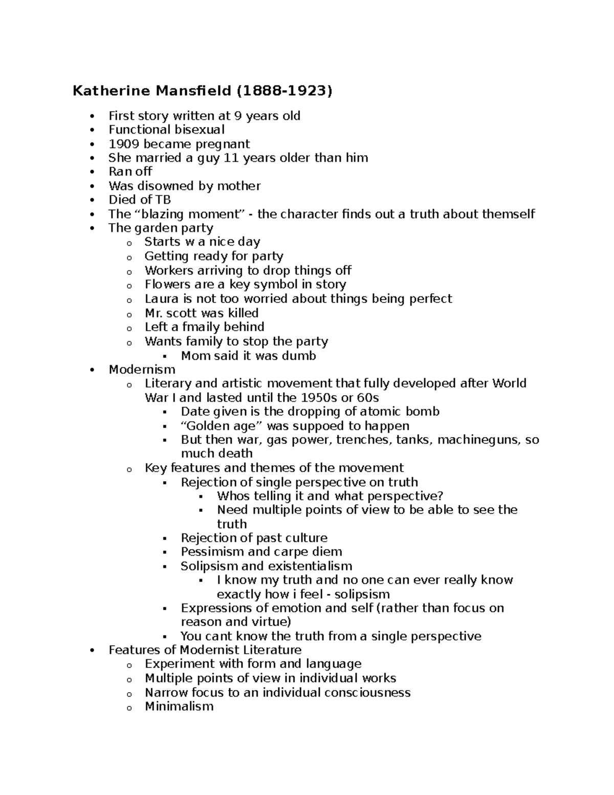 Eng 7 - lecture notes after midterms - Katherine Mansfield (1888-1923 ...