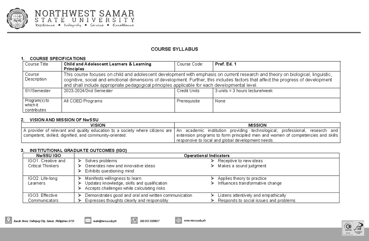 Prof - COURSE SYLLABUS 1. COURSE SPECIFICATIONS Course Title Child and ...