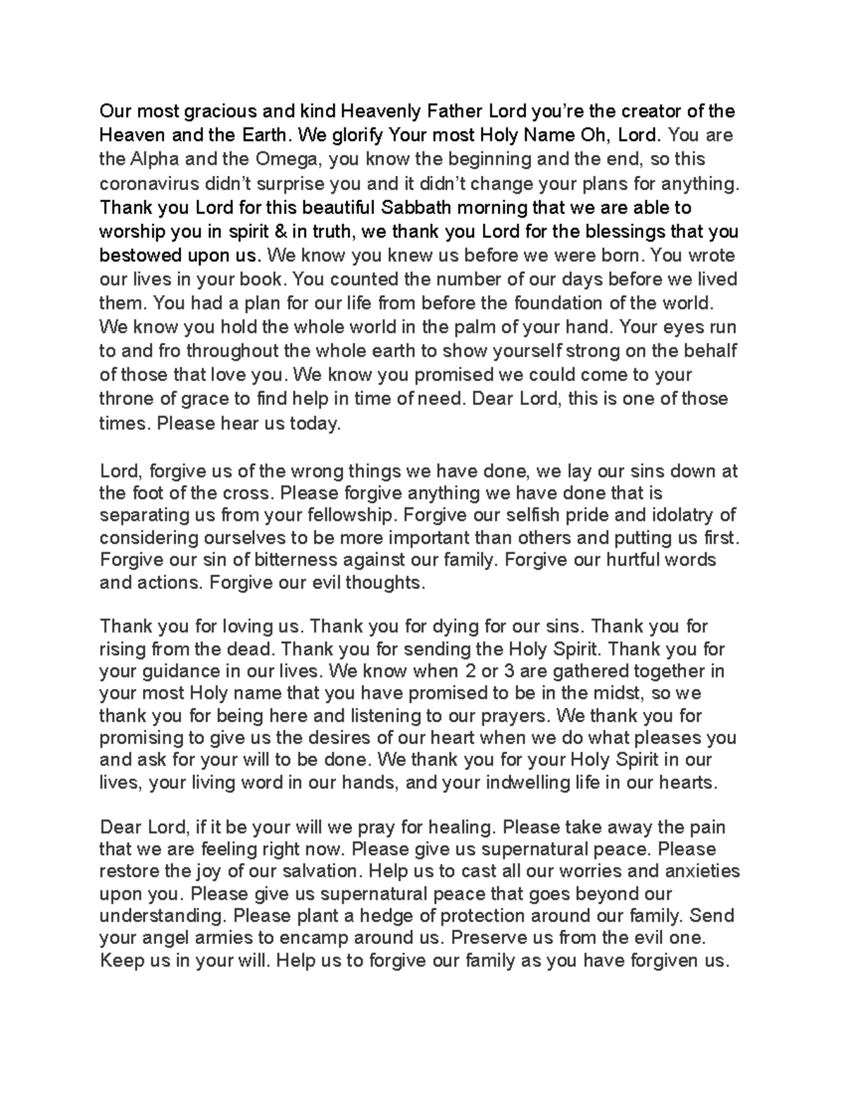 Intercessory Prayer - Our most gracious and kind Heavenly Father Lord ...