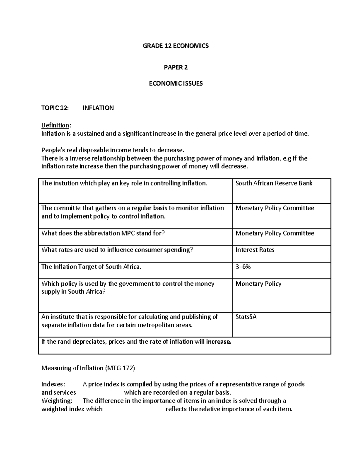 Inflation - notes - GRADE 12 ECONOMICS PAPER 2 ECONOMIC ISSUES TOPIC 12 ...