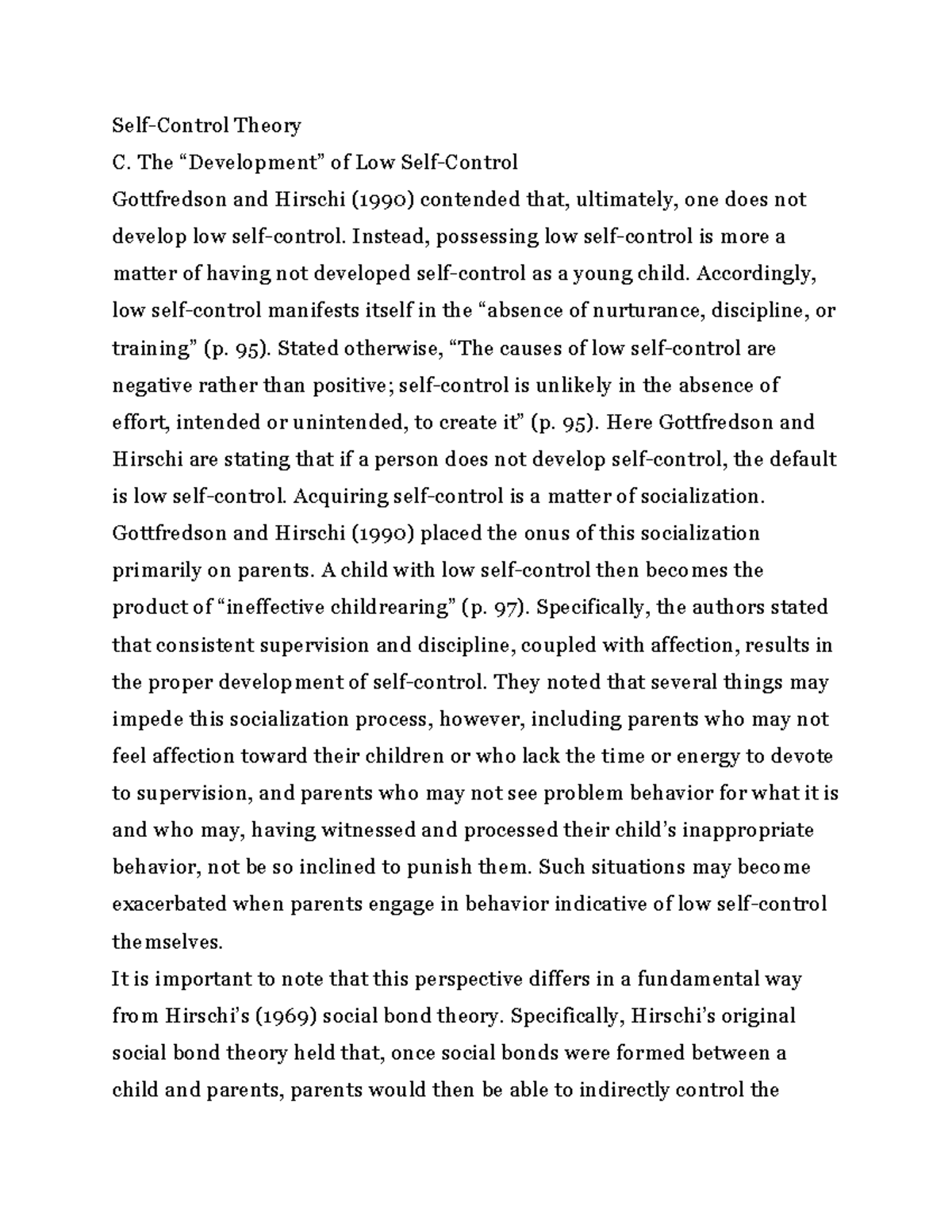 Self Control Theory - Notes - Self-Control Theory C. The “Development ...