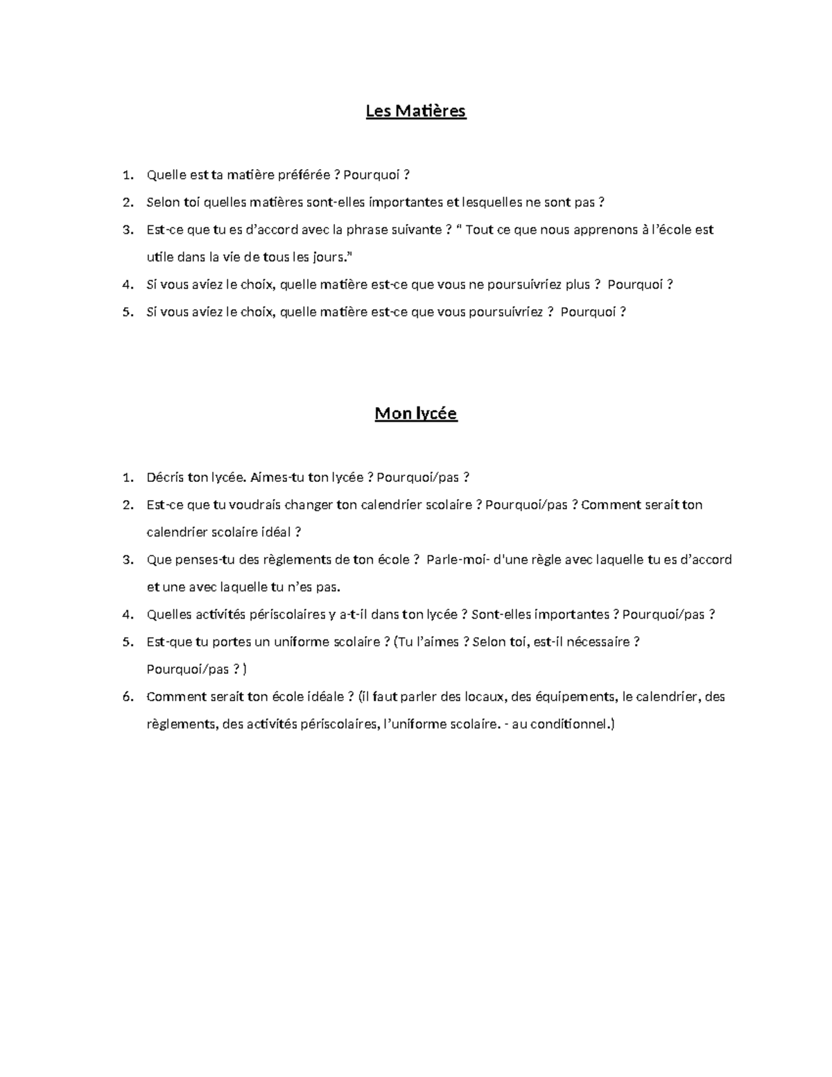 Ma vie scolaire - doc - Les Matières 1. Quelle est ta matière préférée ...