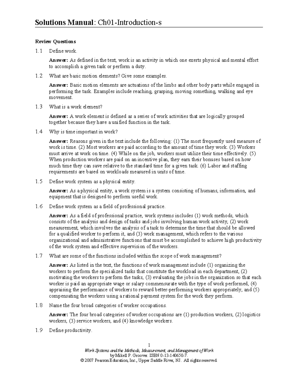 Ch01-Introduction-s - Review Questions 1 Define work. Answer: As defined in the text, work is an ...