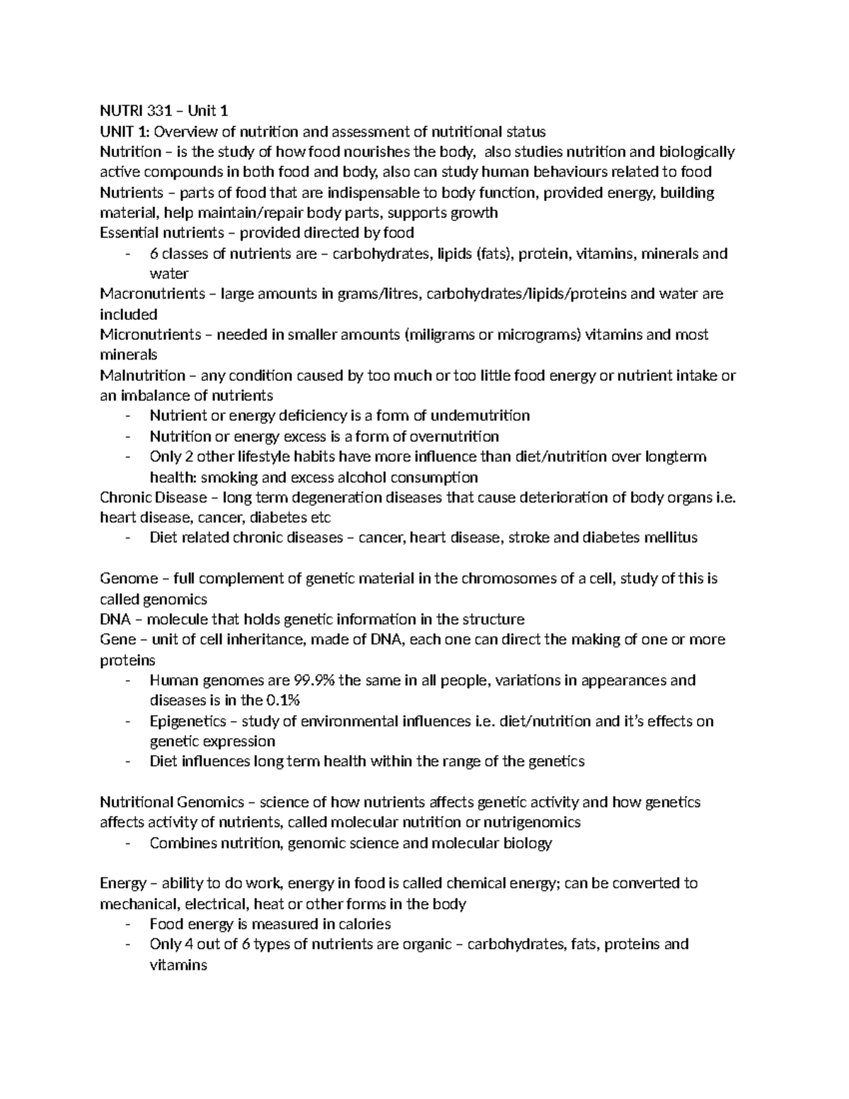 Nutri 331 - Unit 1 - summary of unit 1 with textbook notes too - NUTRI ...