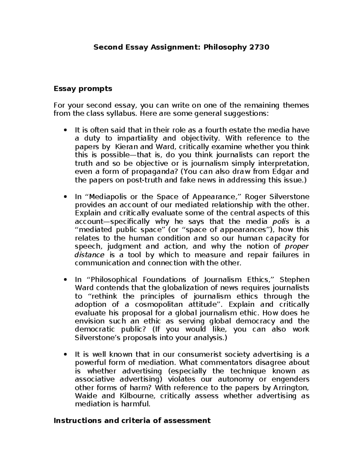 Secondessayassignment 2730 - Second Essay Assignment: Philosophy 2730 ...
