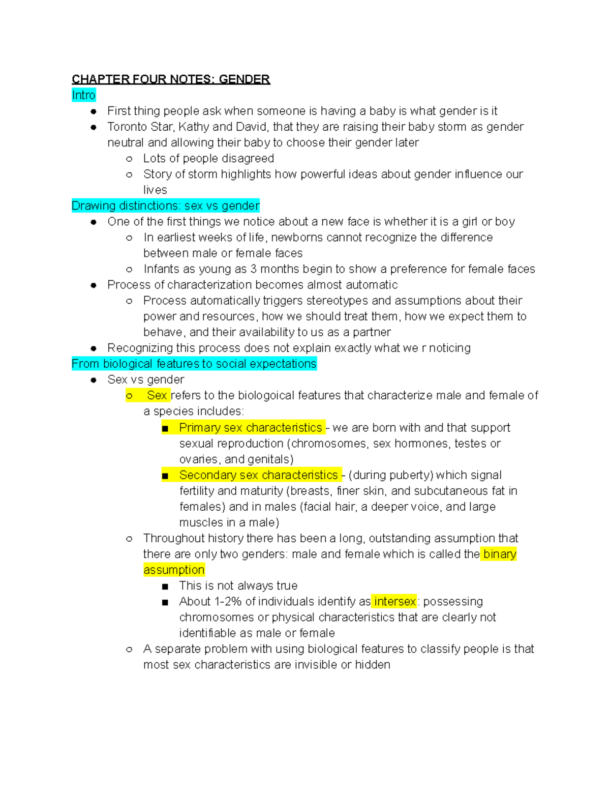 315 textbook notes - CHAPTER FOUR NOTES: GENDER Intro First thing ...