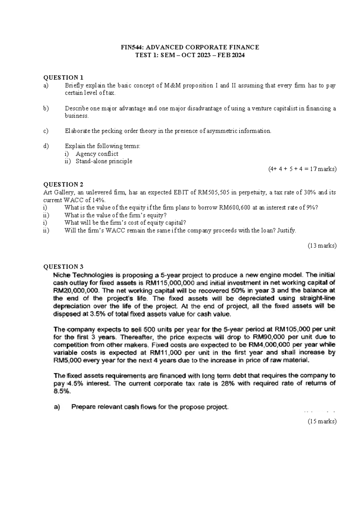 Test 1 questions and answers - FIN544: ADVANCED CORPORATE FINANCE TEST ...