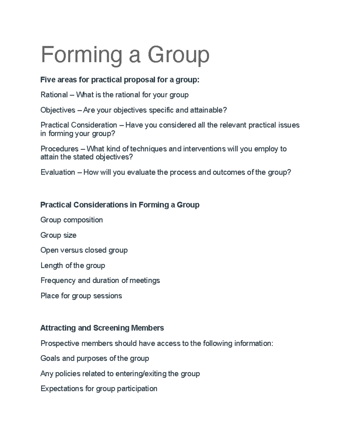 Forming a Group - Lecture notes 2 - Forming a Group Five areas for ...