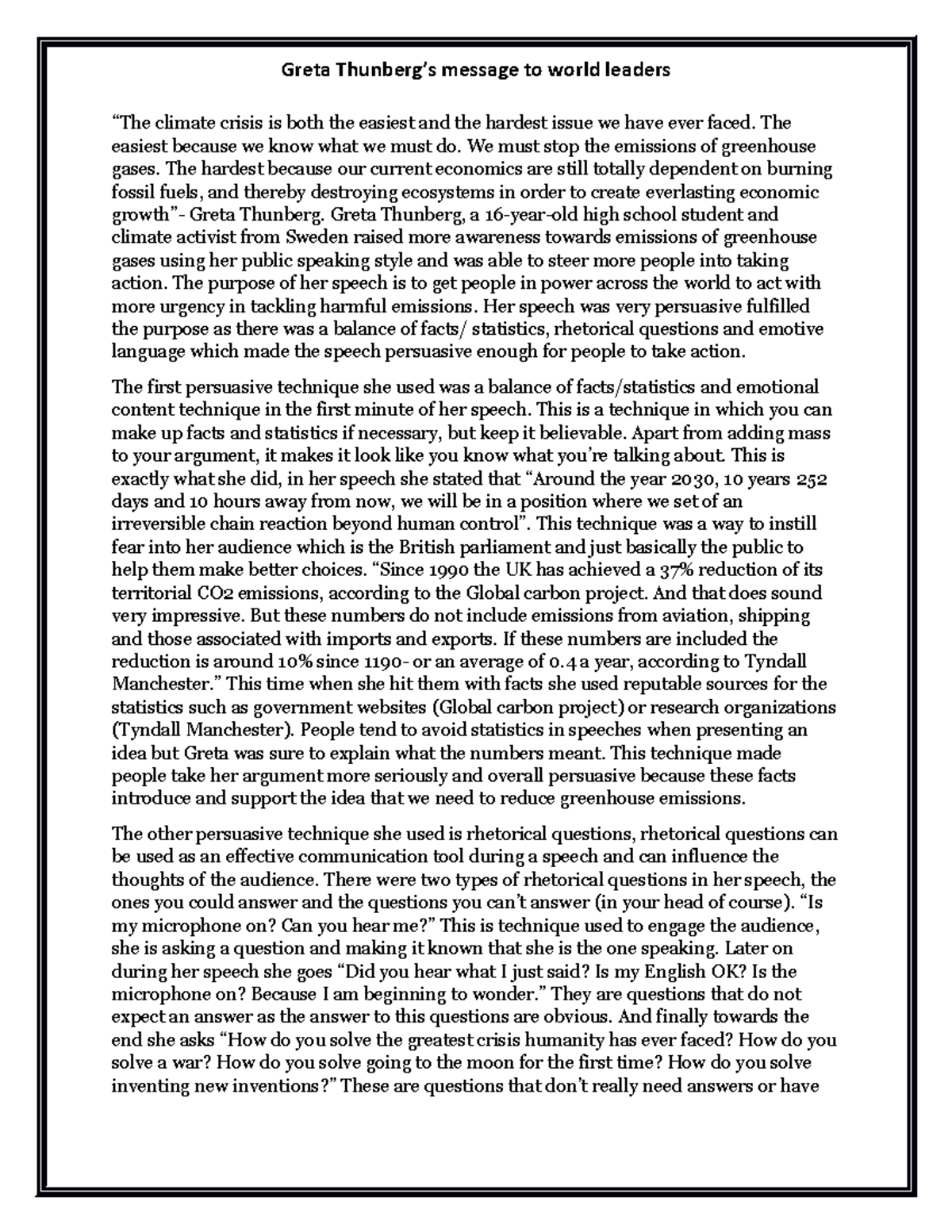 English Essay on Greta Thunbergs Speech - Greta Thunberg’s message to ...