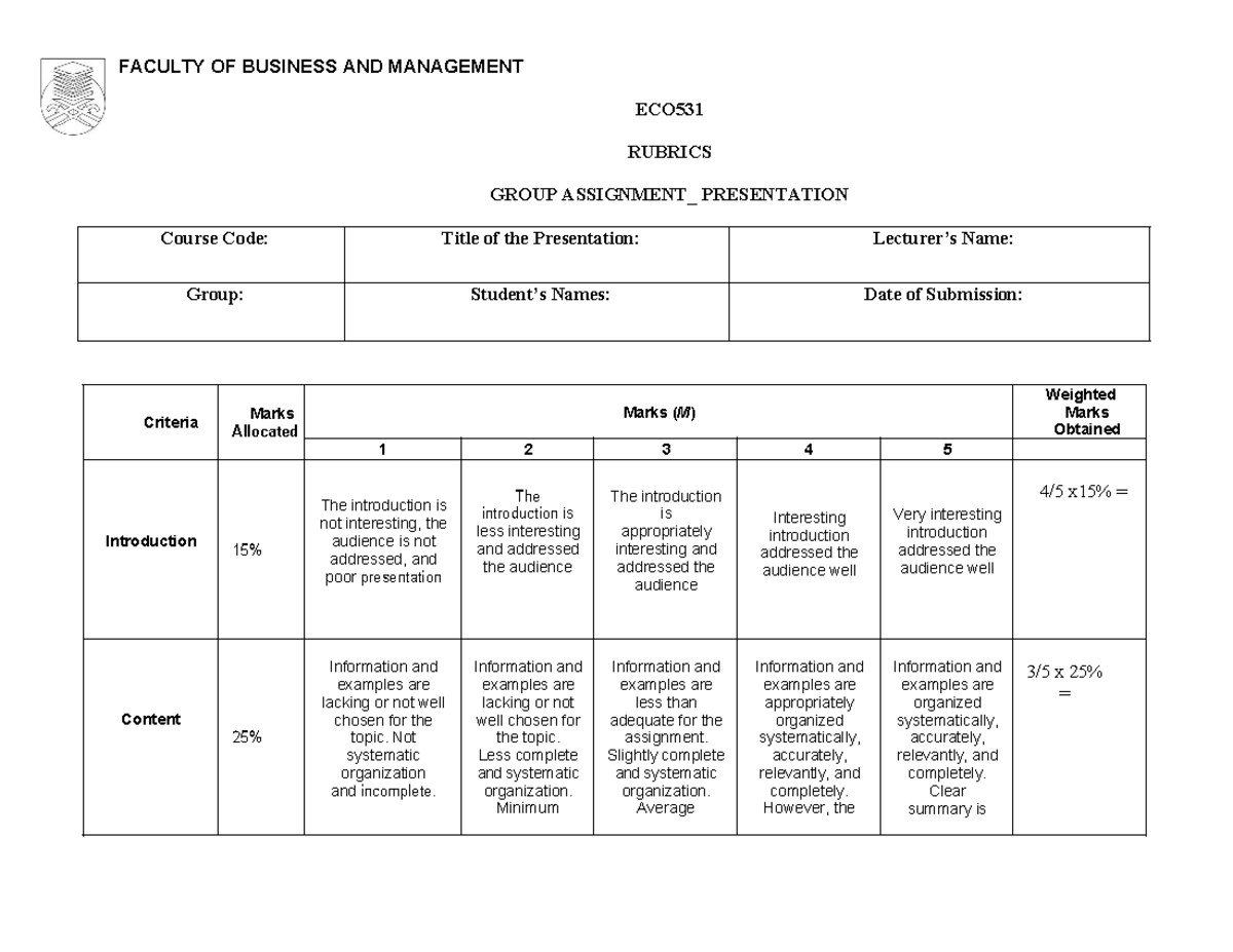 Rubrics Presentation - note - ECO RUBRICS GROUP ASSIGNMENT ...