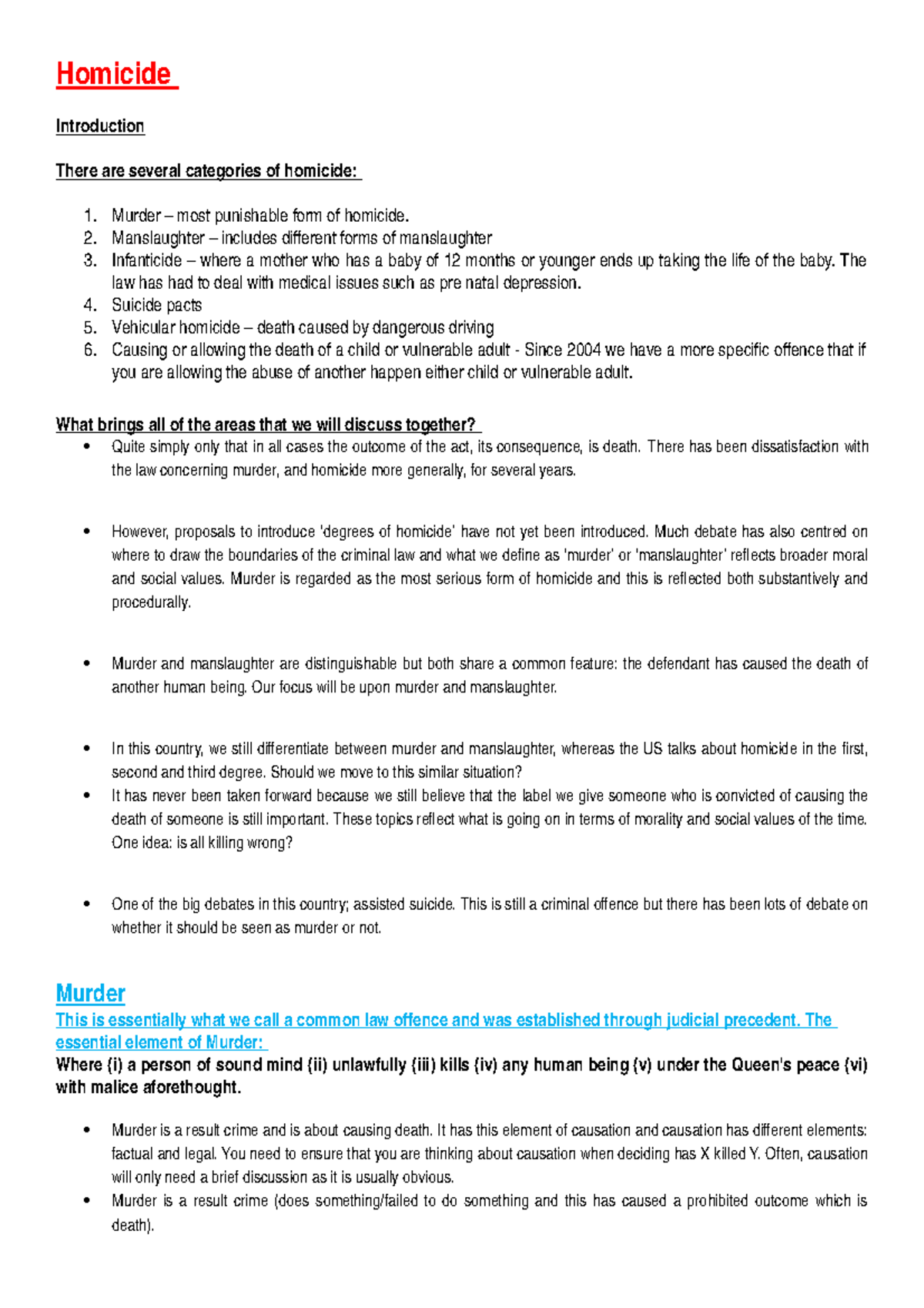 Homicide - Topic 3 - Lecture notes 3-5 - Homicide Introduction There ...
