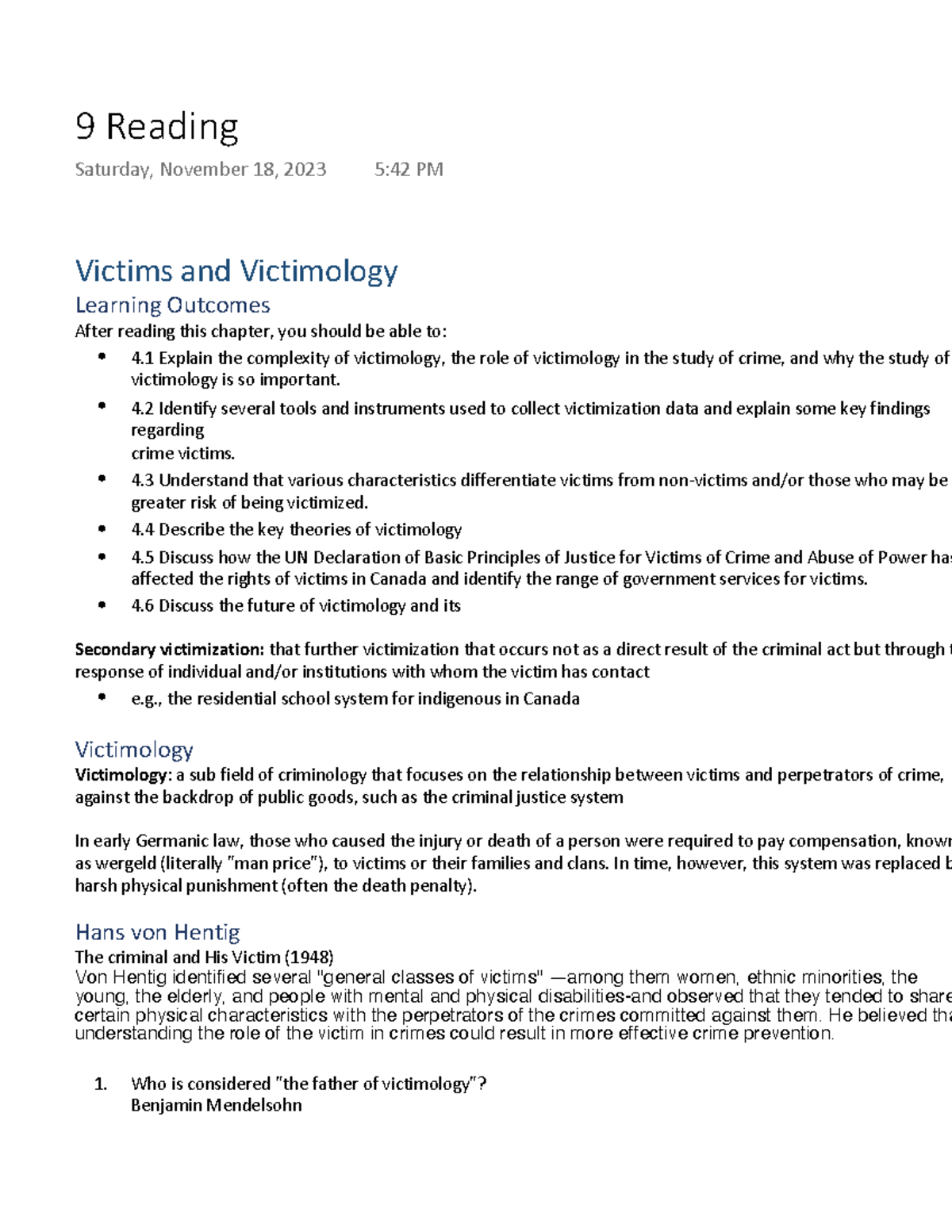 9 Reading - Victims and Victimology Learning Outcomes After reading ...