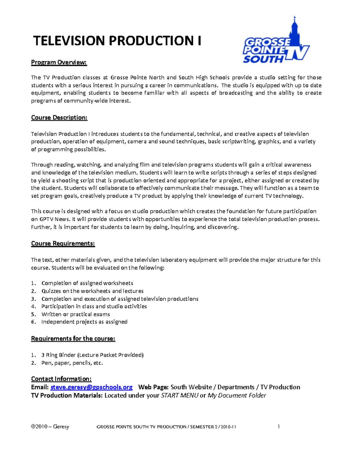 TV Production 1 Packet 2010 Sem2 - TELEVISION PRODUCTION I Program ...