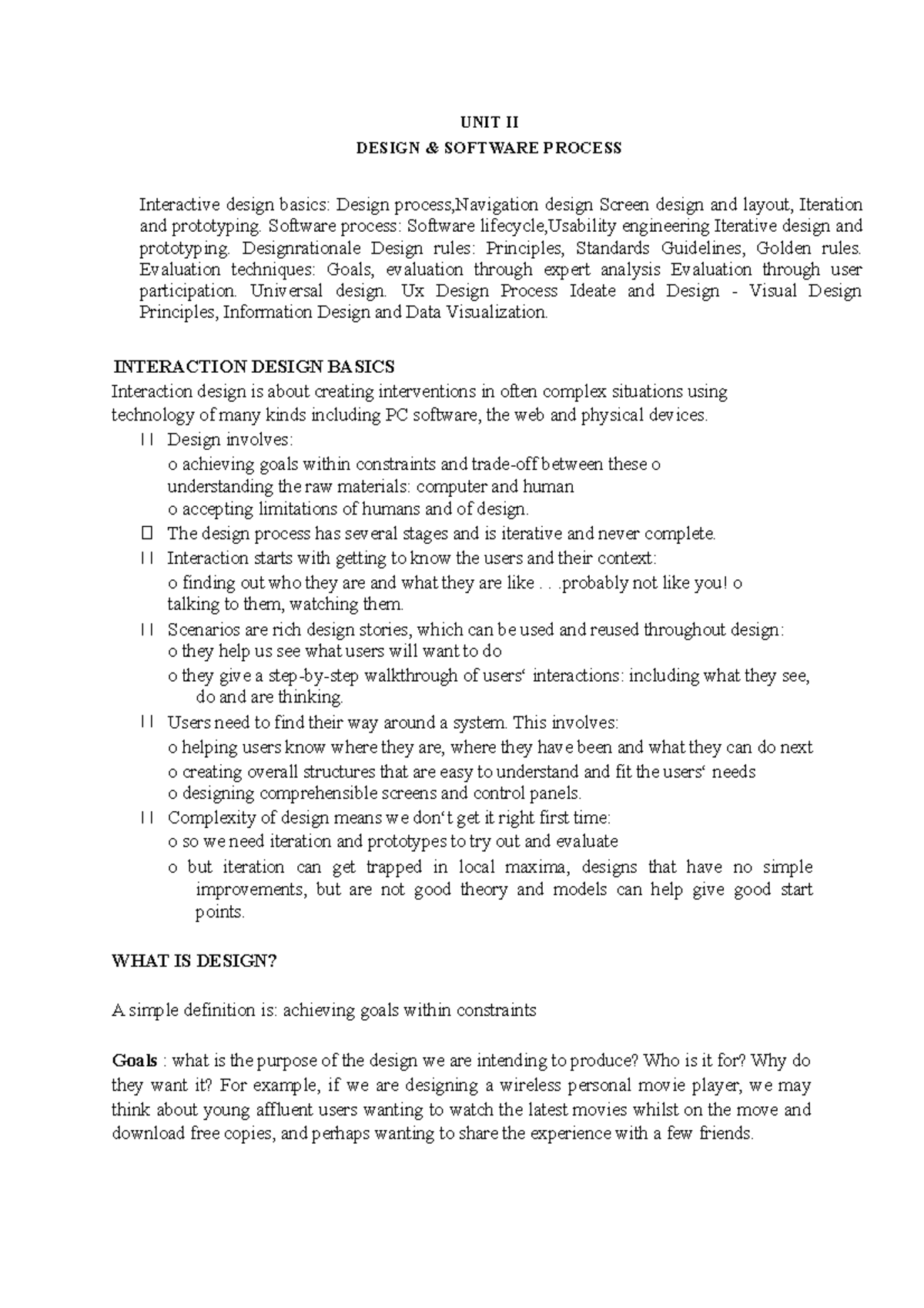 Unit II HCI - UNIT II DESIGN & SOFTWARE PROCESS Interactive design basics: Design - Studocu