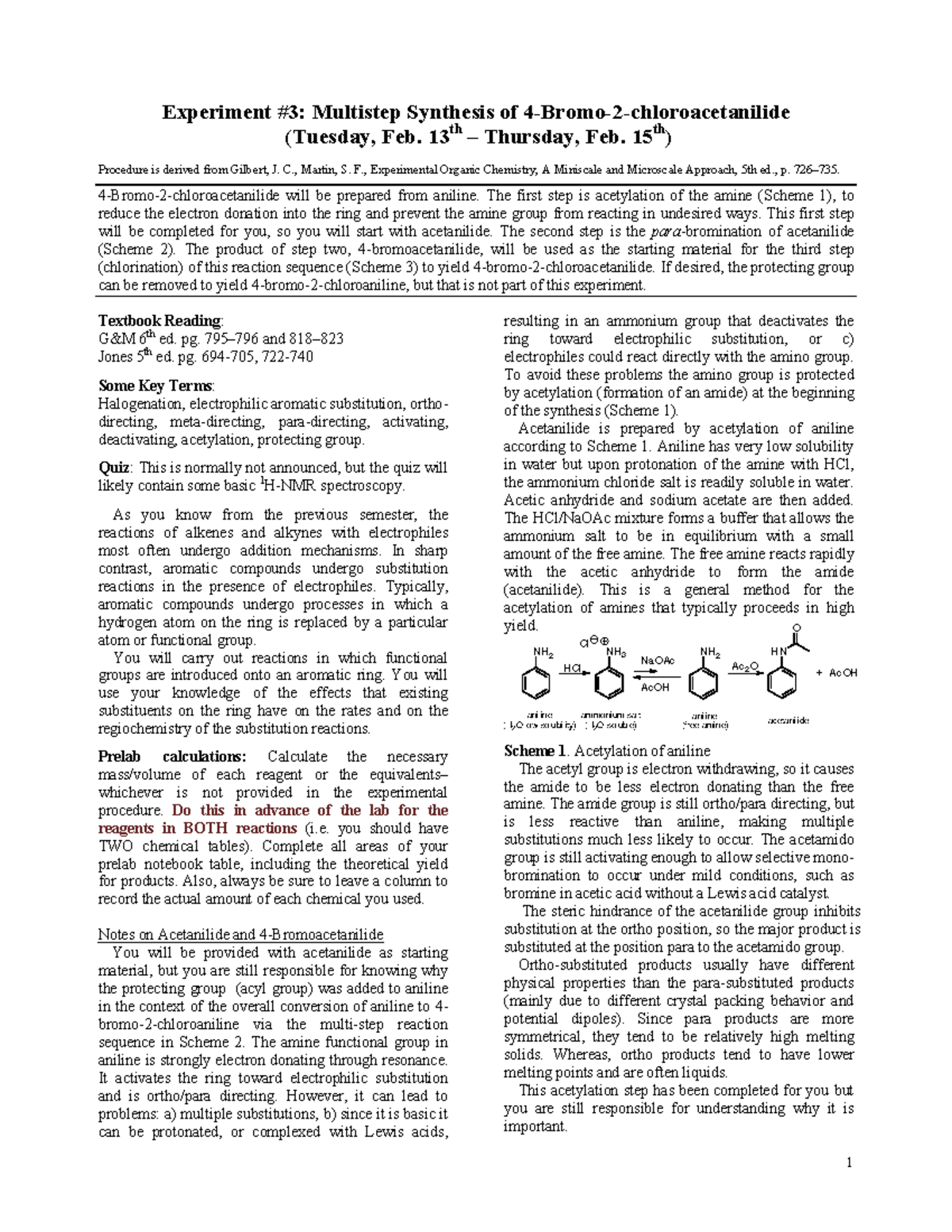 Spirng Experiment 3 - 1 Experiment # 3 : Multistep Synthesis of 4-Bromo- 2 - chloroacetanilide ...