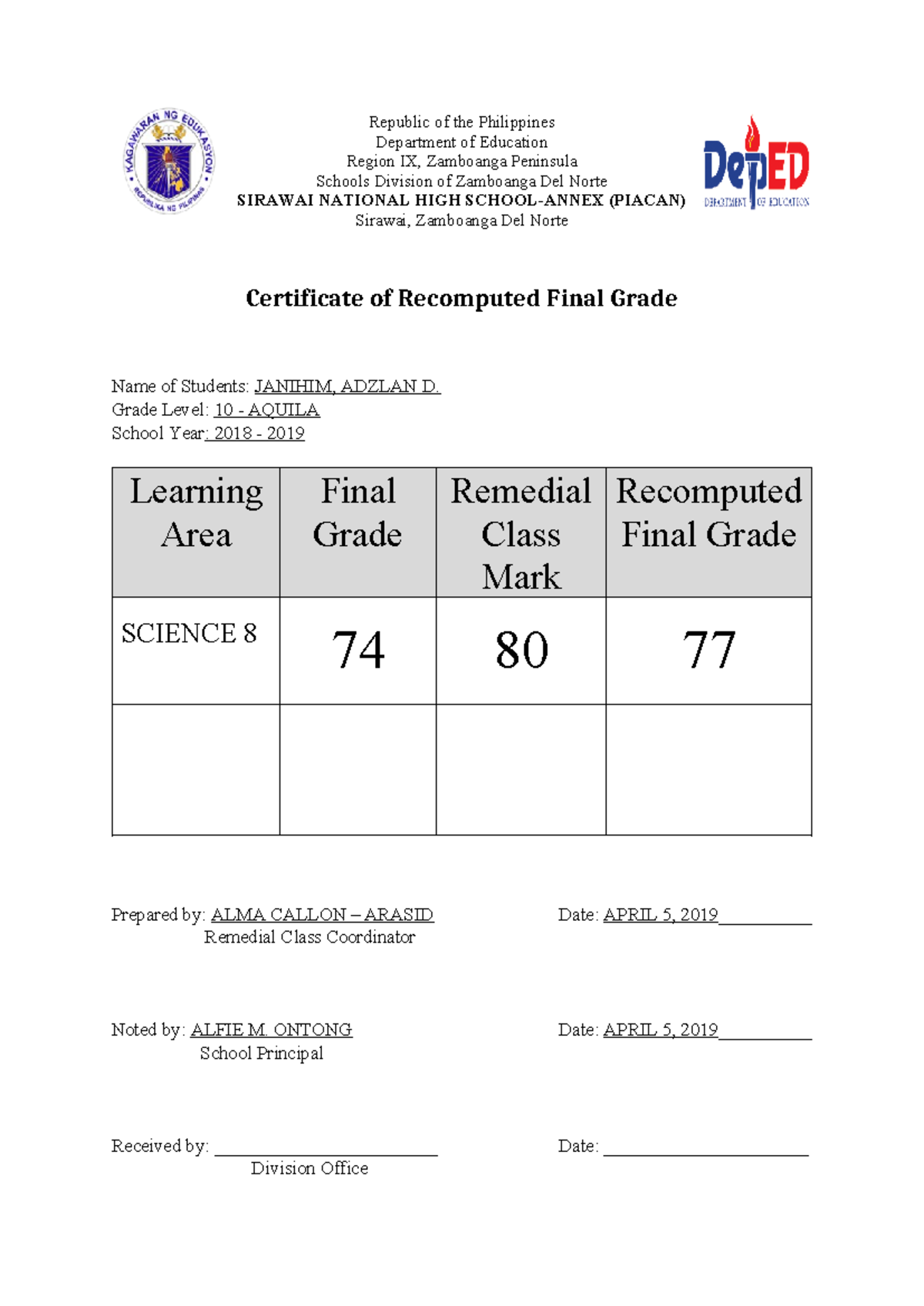 Remedial CERT 074818 - Department of Education Region IX, Zamboanga ...