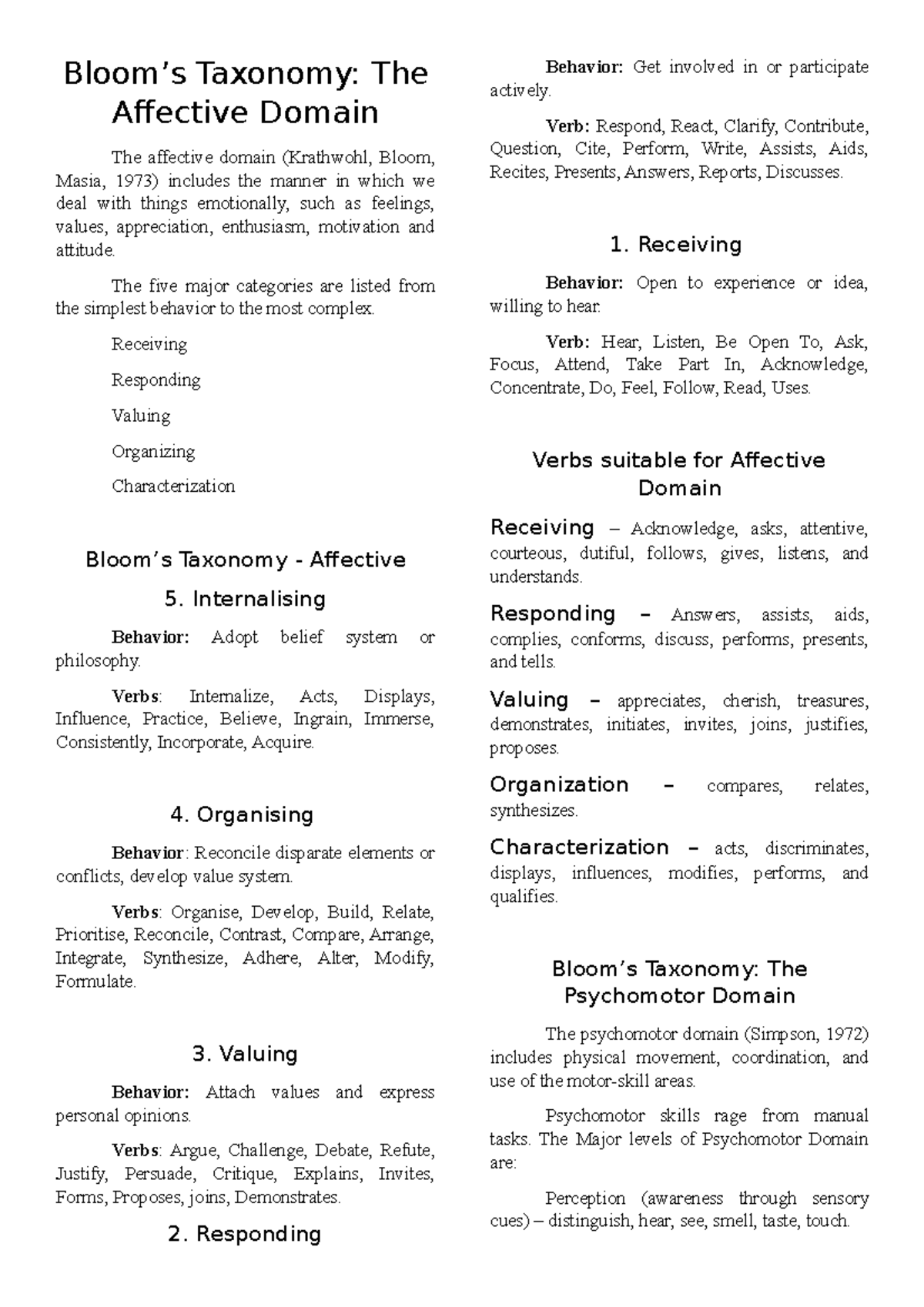 Lecture Bloom Taxonomy - Bloom’s Taxonomy: The Affective Domain The ...