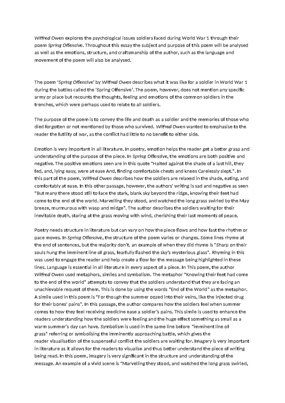 Essay final - Wilfred Owen explores the psychological issues soldiers faced during World War 1 ...