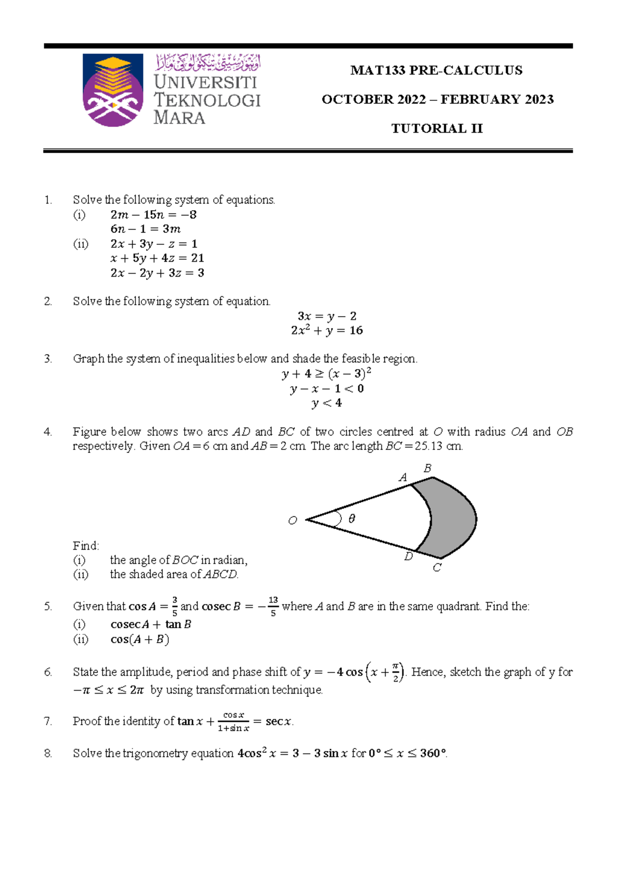Tutorial 2 - MAT133 PRE-CALCULUS OCTOBER 2022 – FEBRUARY 2023 TUTORIAL ...