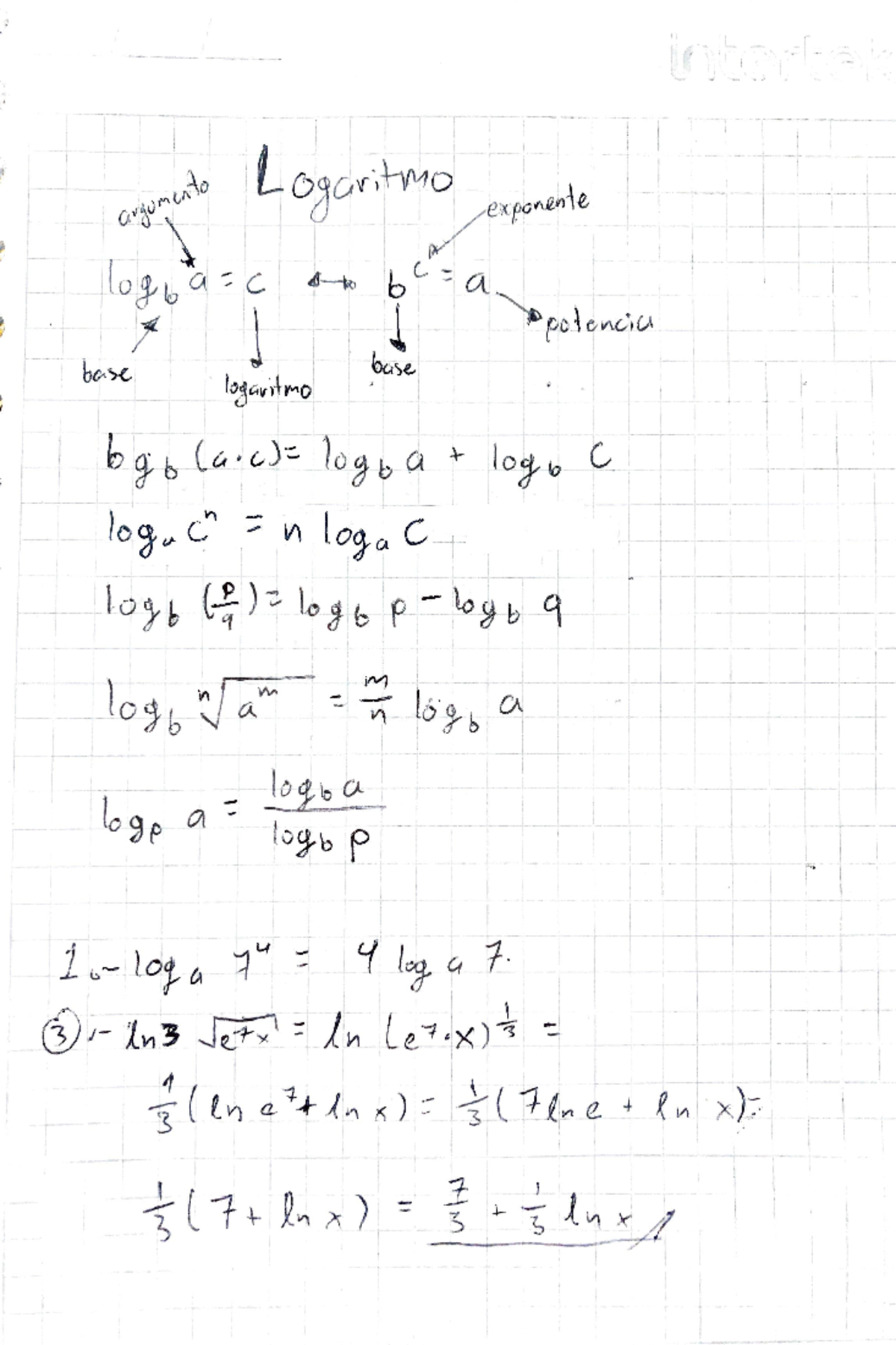 01 - Apuntes - Orguments Logaritmo exponente logba=c b = a 4 potencia ...