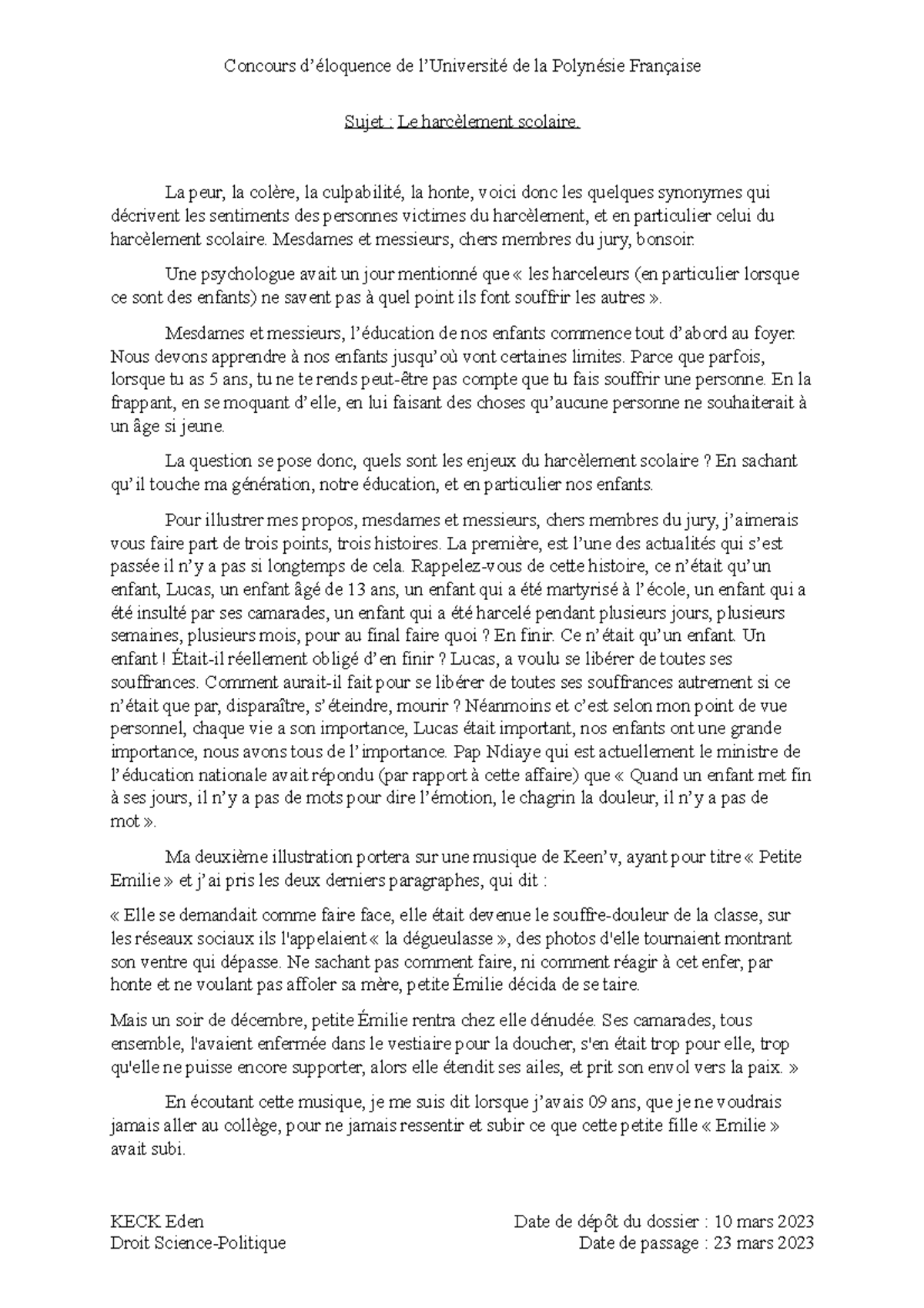 Discours concours d'éloquence - Concours d’éloquence de l’Université de ...