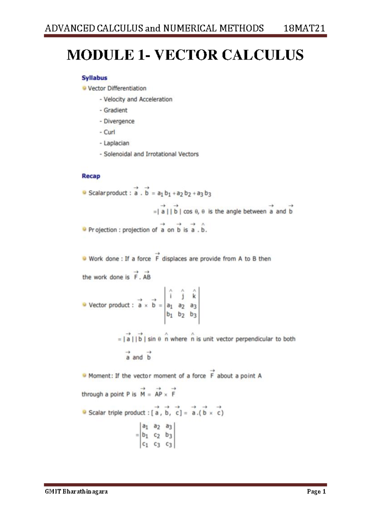 maths module 1 notes - BE ECE - MODULE 1- VECTOR CALCULUS - Studocu