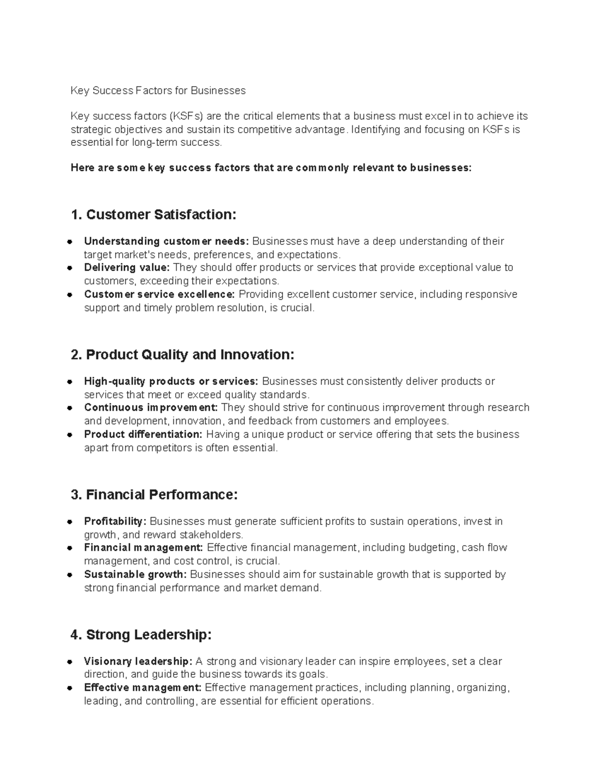 Notes on Key success factors - Key Success Factors for Businesses Key ...