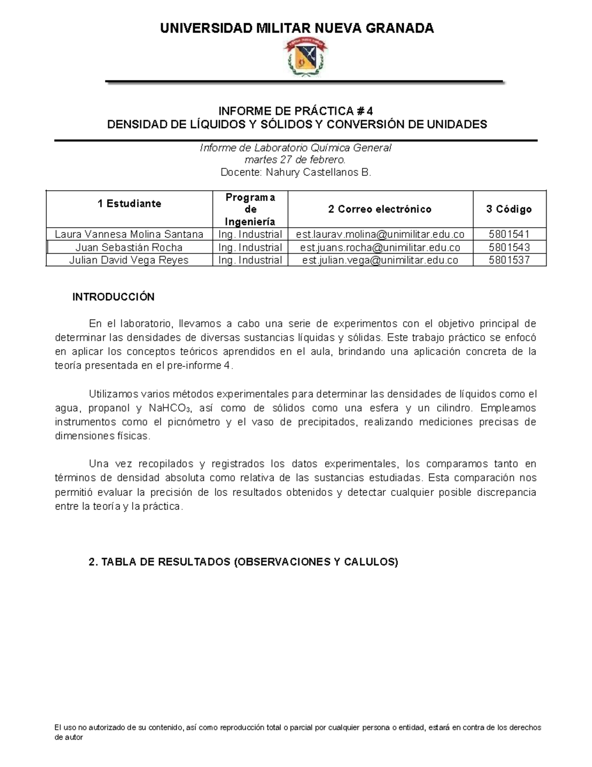 Informe Practica 4 Densidad De LÍquidos Y SÓlidos Y ConversiÓn De
