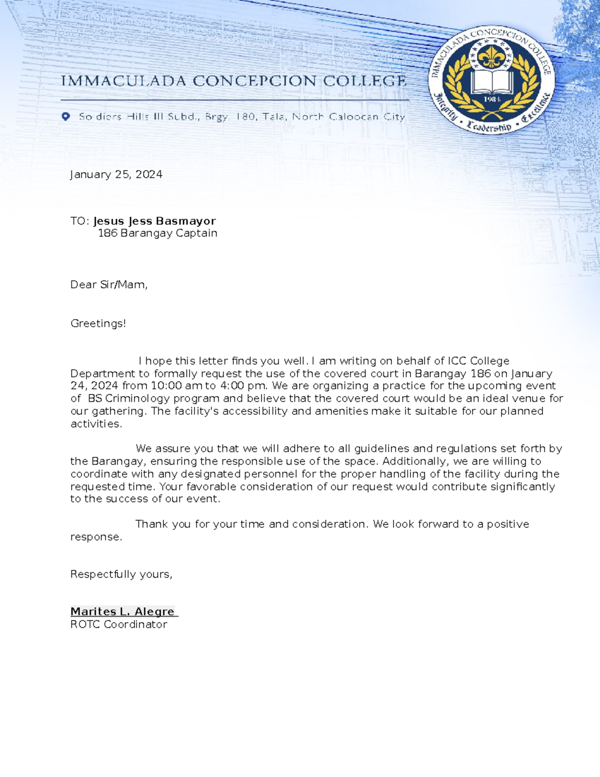 REQ. Letter - January 25 , 202 4 TO: Jesus Jess Basmayor 186 Barangay ...