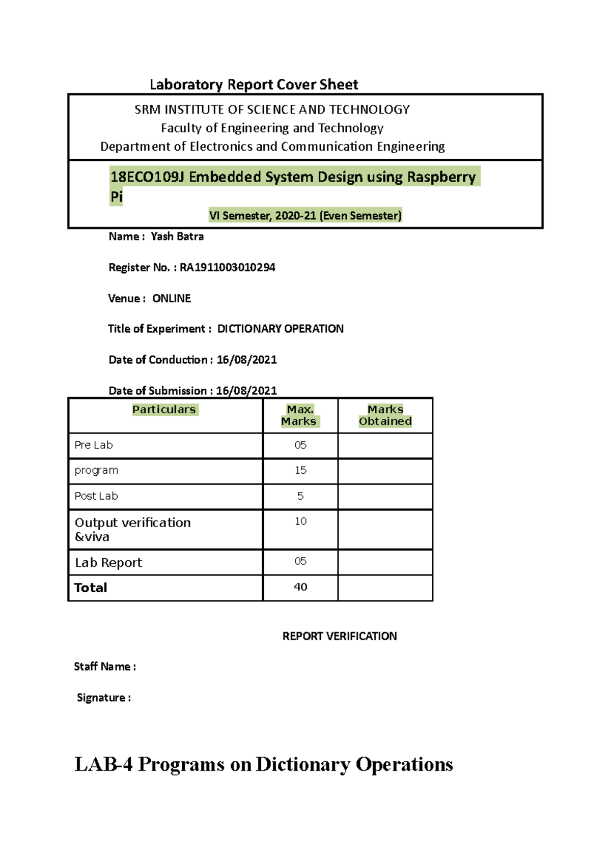 Lab 4 DICTIONARY OPERATION - Laboratory Report Cover Sheet SRM ...