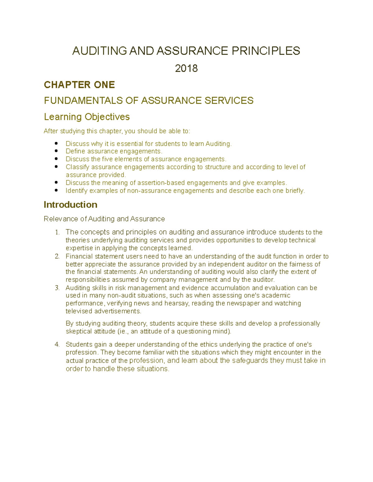 Auditing AND Assurance Principles - AUDITING AND ASSURANCE PRINCIPLES 2018 CHAPTER ONE ...