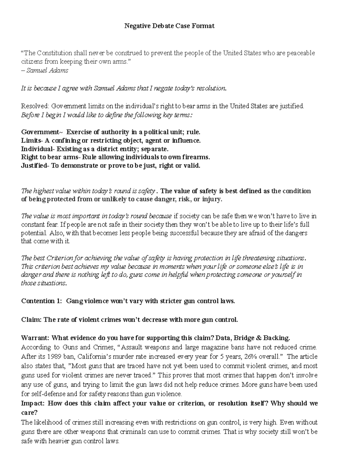 Negative Debate Case Format - 312L - University of Texas - Studocu