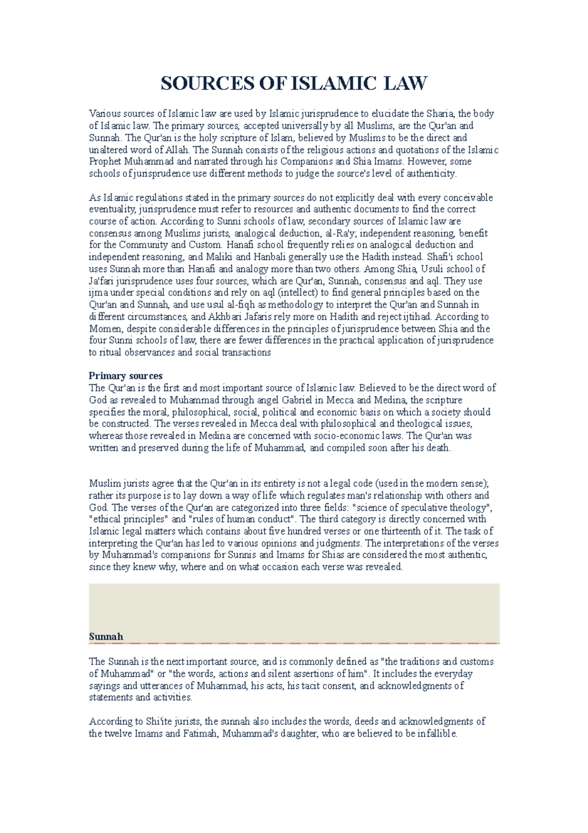 Sources OF Islamic LAW - SOURCES OF ISLAMIC LAW Various sources of ...