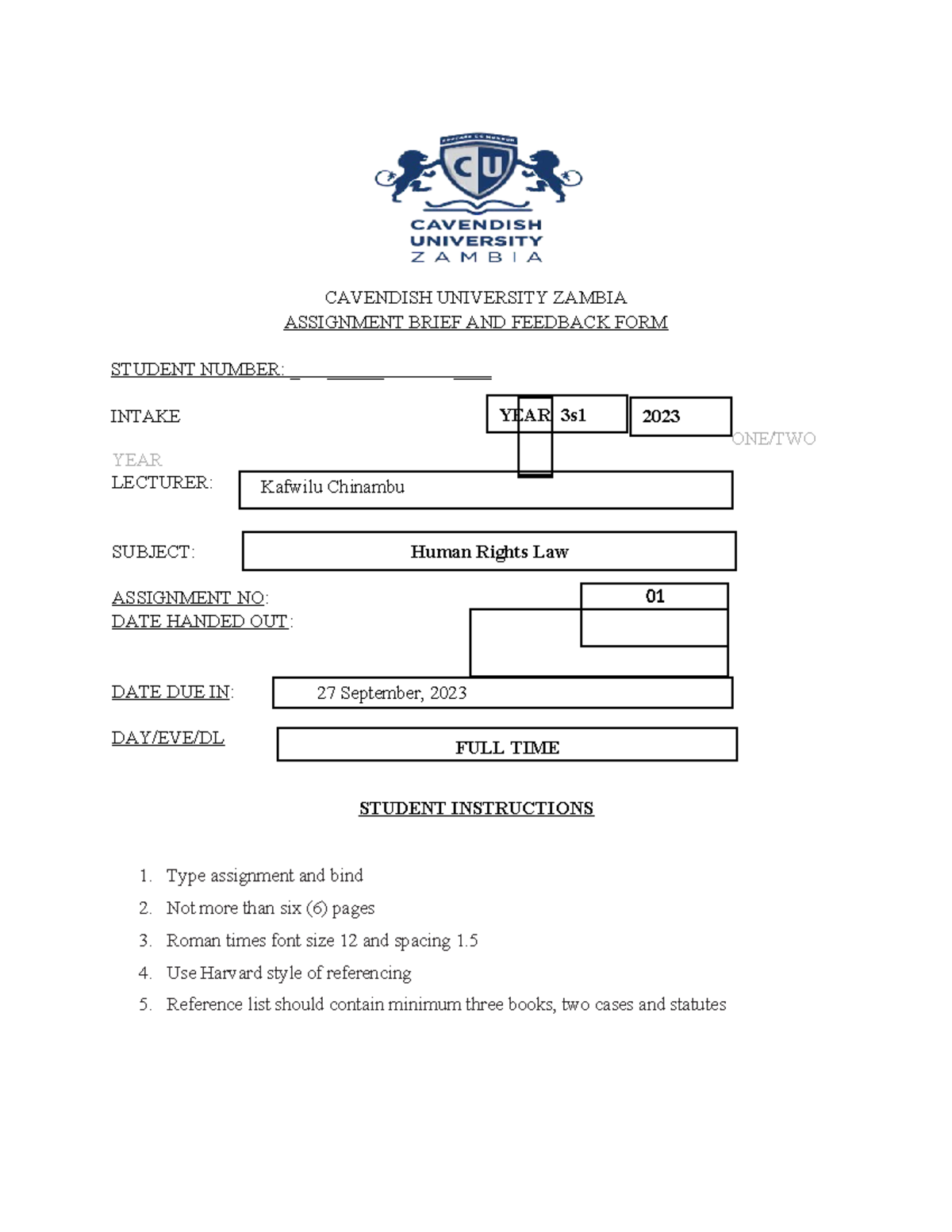 Human Rights Law Assignment - CAVENDISH UNIVERSITY ZAMBIA ASSIGNMENT BRIEF AND FEEDBACK FORM ...