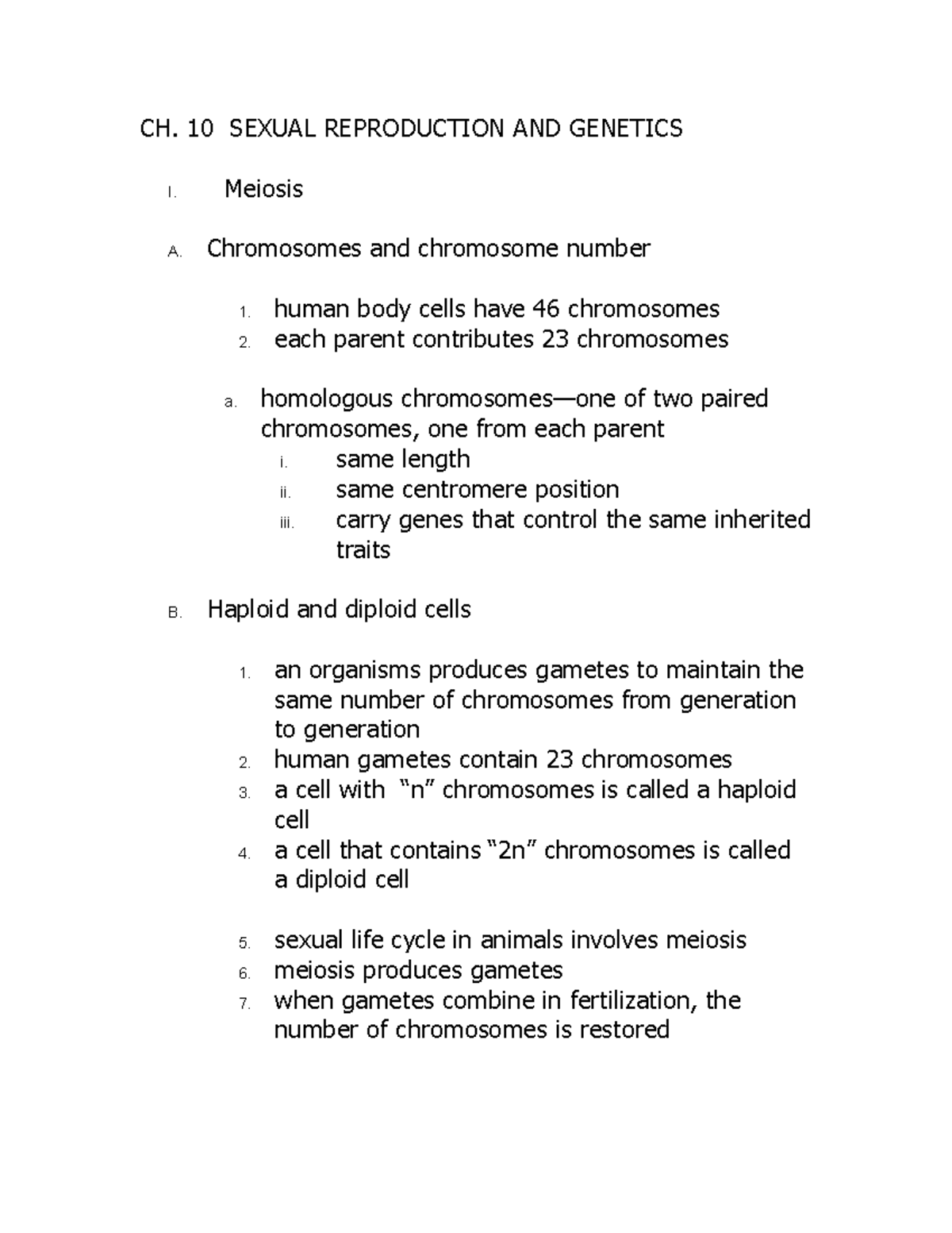 Notes- Chapter 10 (Meiosis) - CH. 10 SEXUAL REPRODUCTION AND GENETICS I ...
