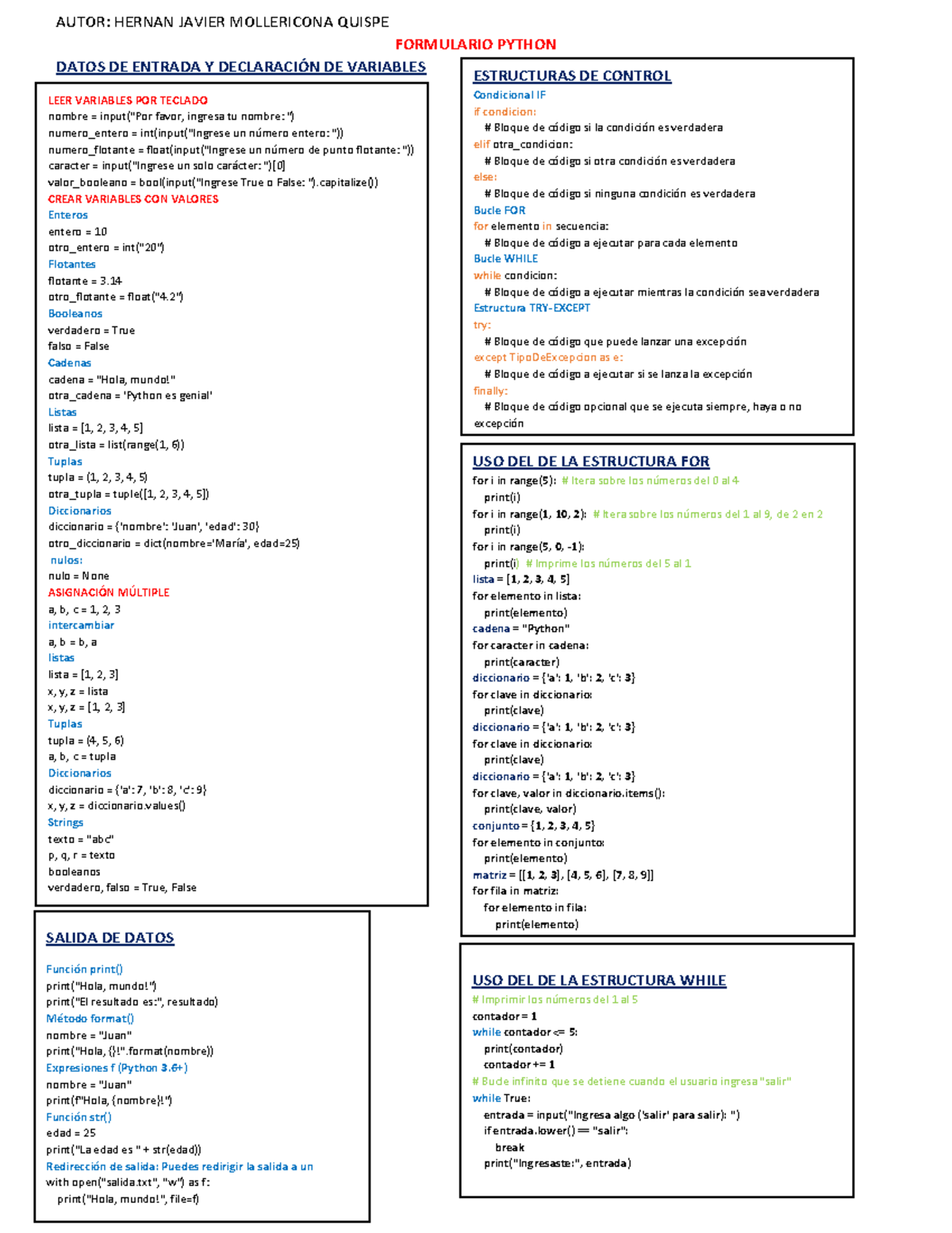 Formulario Python - AUTOR: HERNAN JAVIER MOLLERICONA QUISPE FORMULARIO PYTHON DATOS DE ENTRADA Y ...