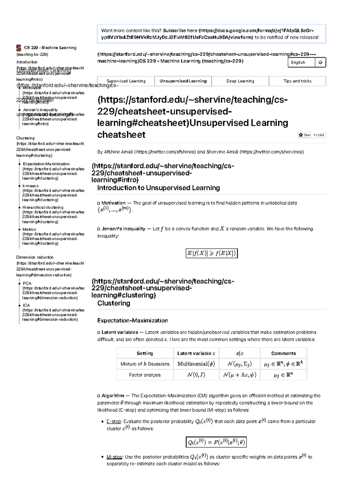 CS 229 - Unsupervised Learning Cheatsheet - (stanford/~shervine ...