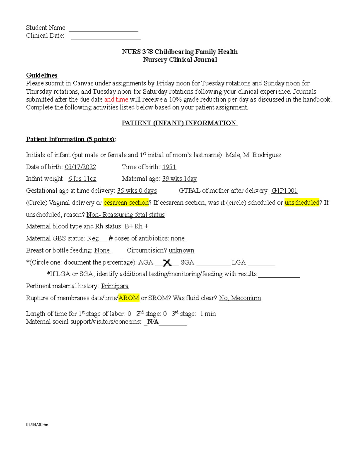 Tara OB Nursery Clinical Journal with Rubric Sp20-1 - Student Name ...