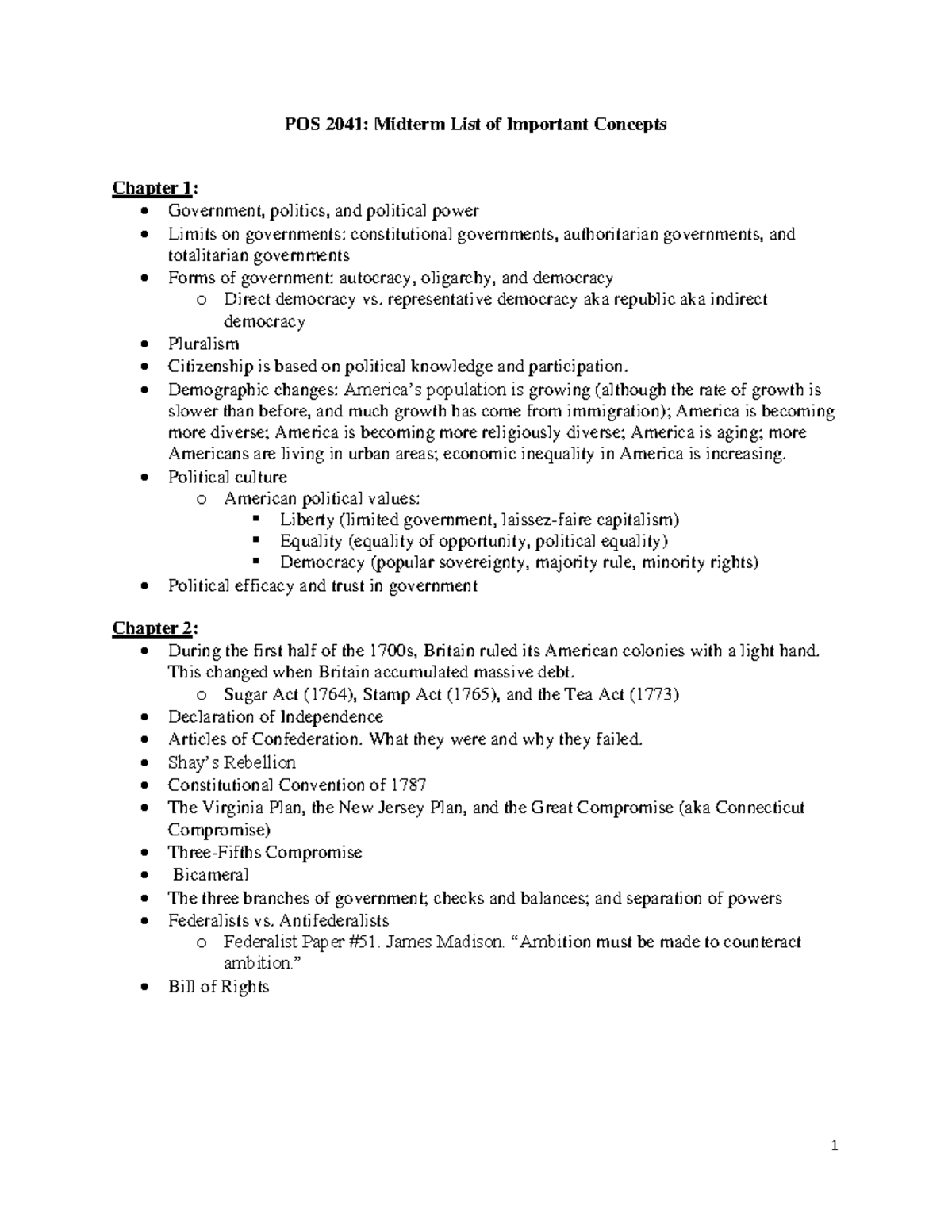 POS 2041 Midterm Important Concepts - POS 2041: Midterm List of ...