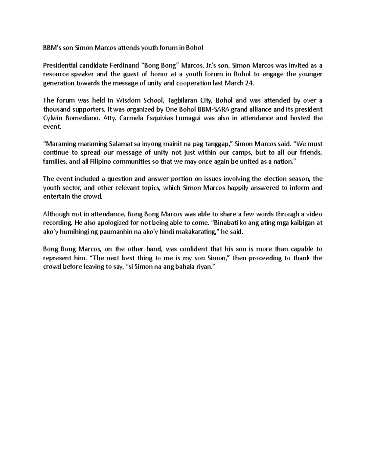 BBM’s son Simon Marcos attends youth forum in Bohol - BBM’s son Simon ...