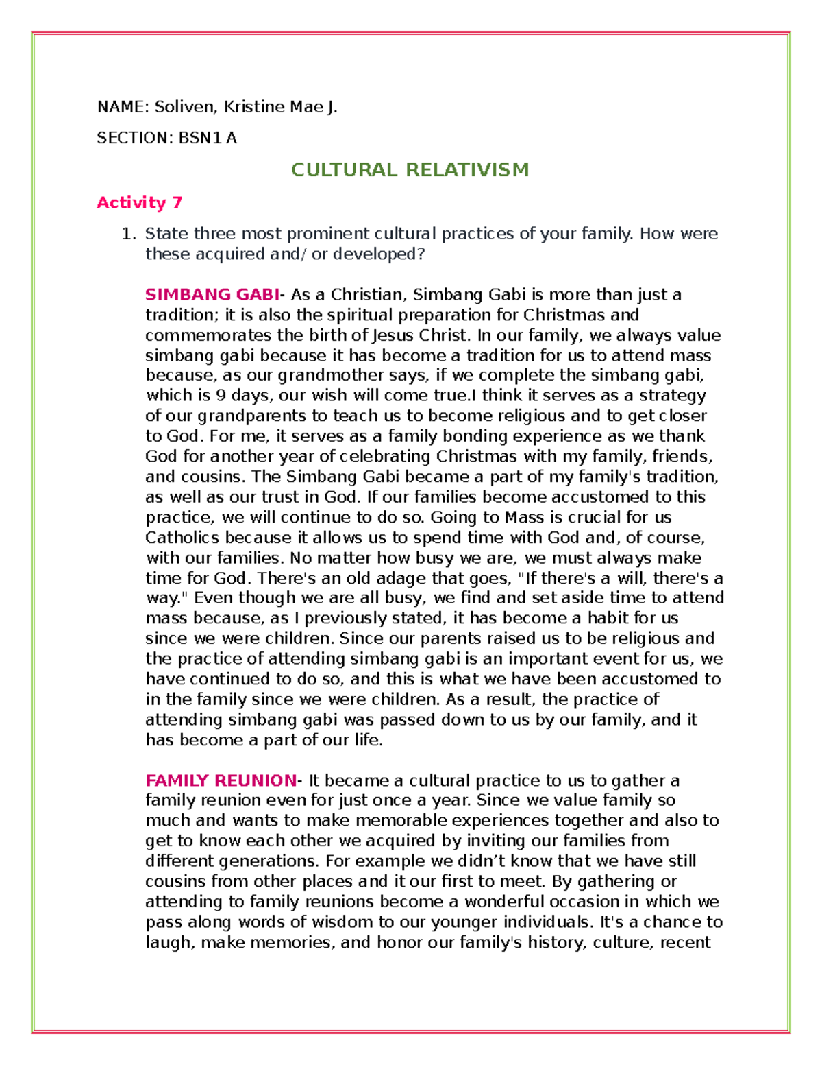 Ethics-Cultural Relativism Activity - NAME: Soliven, Kristine Mae J ...