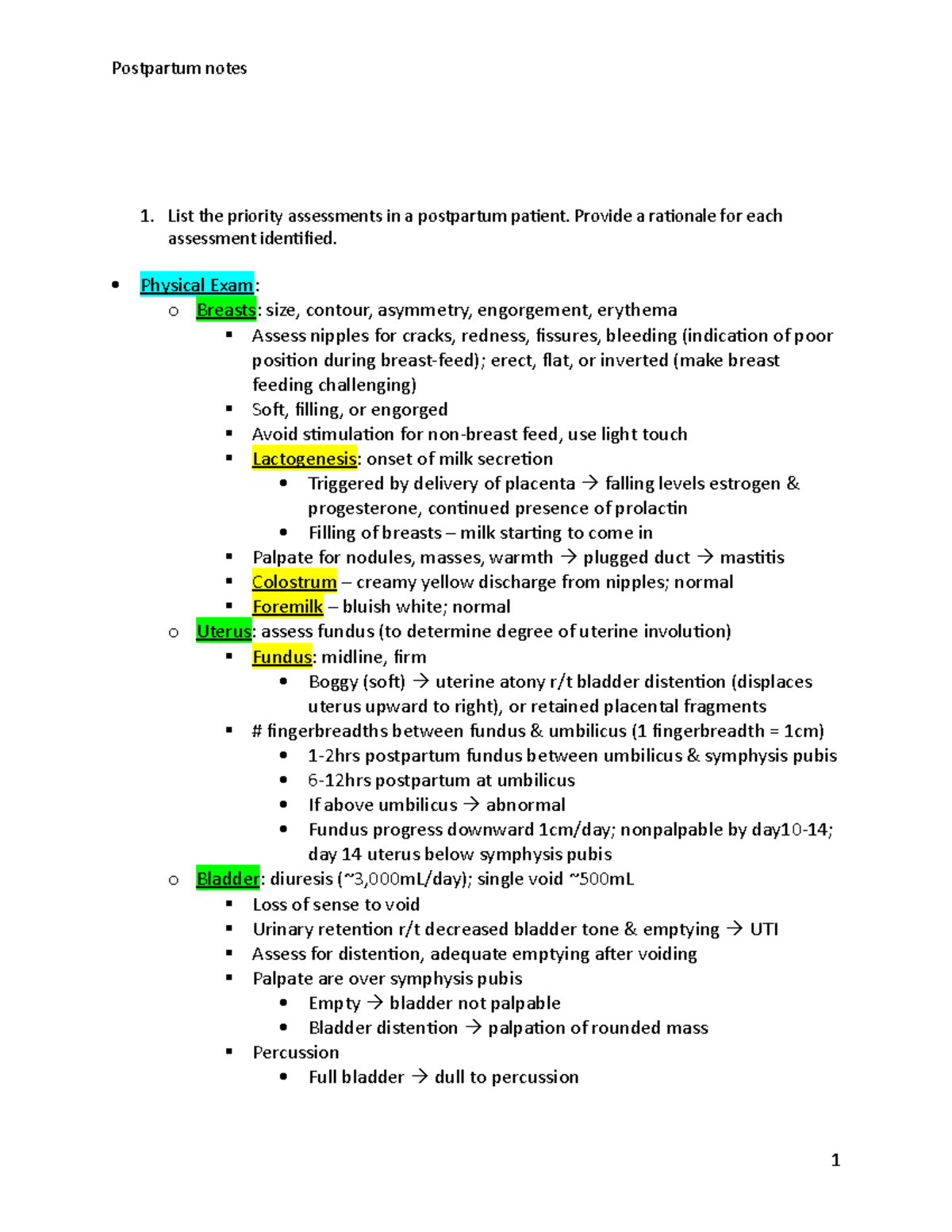 Postpartum notes - 1. List the priority assessments in a postpartum ...