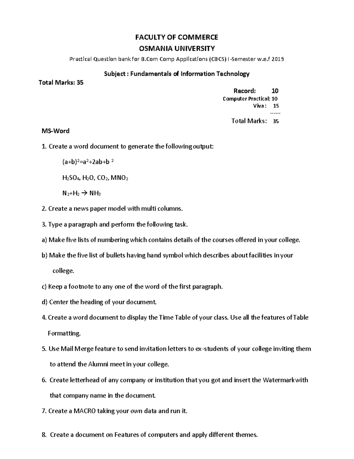 Fit Bcom I Year Cbcs Practical Question Bank Faculty Of Commerce Osmania University