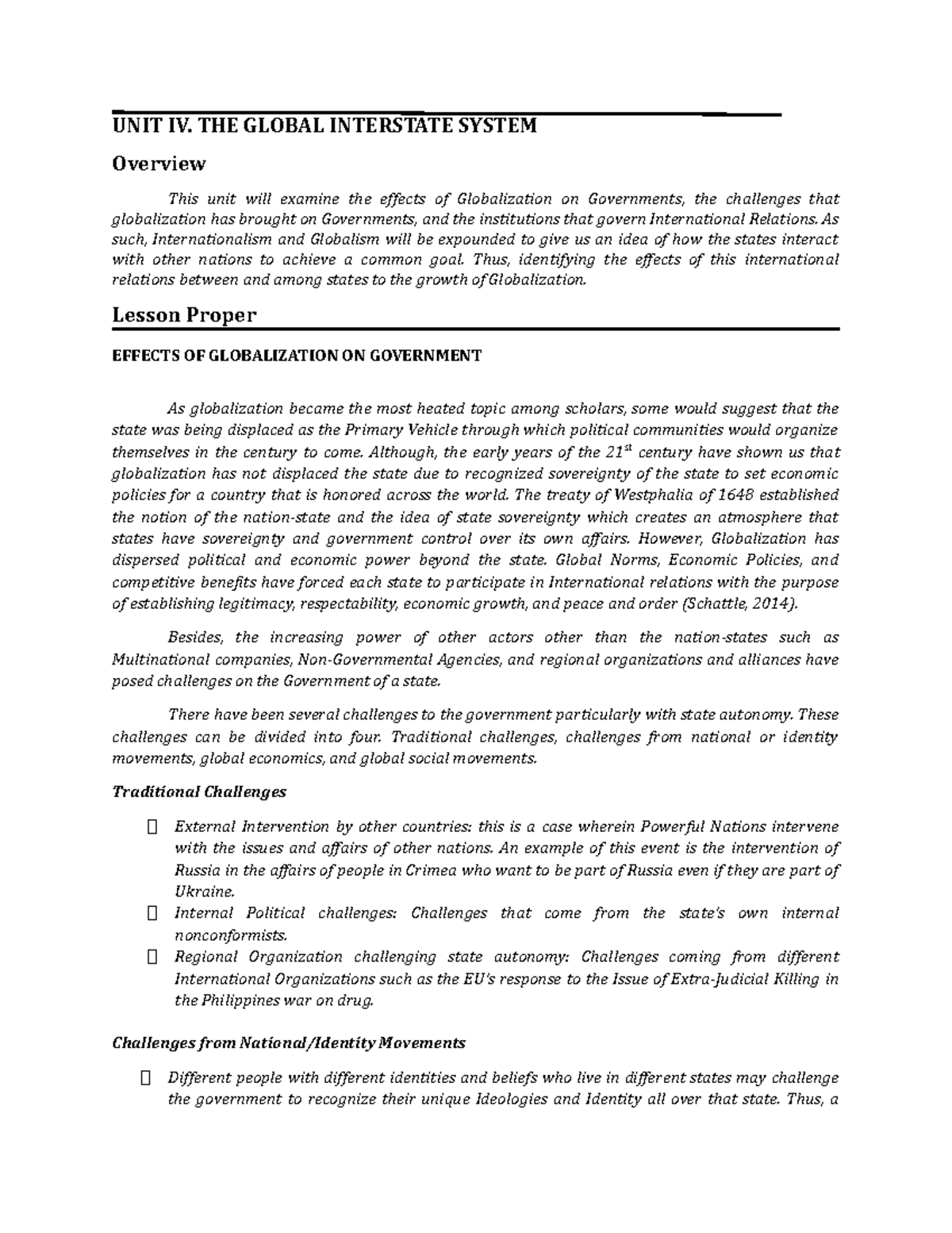UNIT IV THE Global Interstate System - UNIT IV. THE GLOBAL INTERSTATE ...